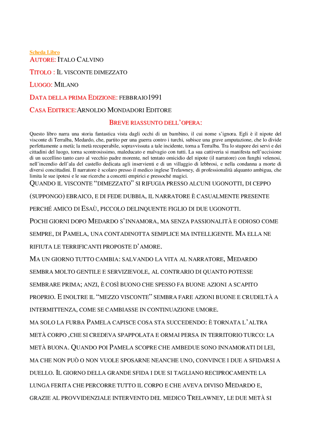 IL VISCONTE DIMEZZATO - ITALO CALVINO [Scheda libro] | Schemi e mappe ...