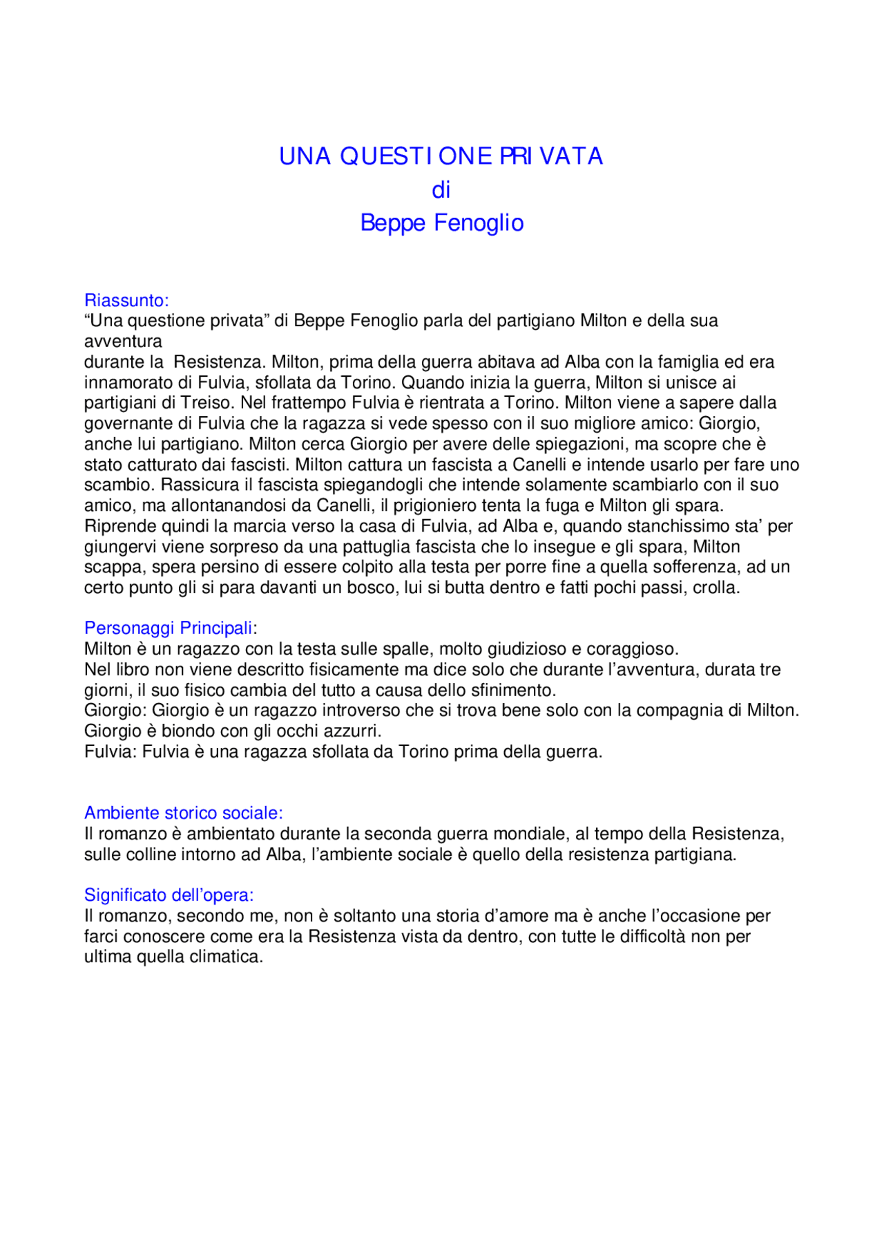 Una Questione Privata Beppe Fenoglio Scheda Libro Docsity