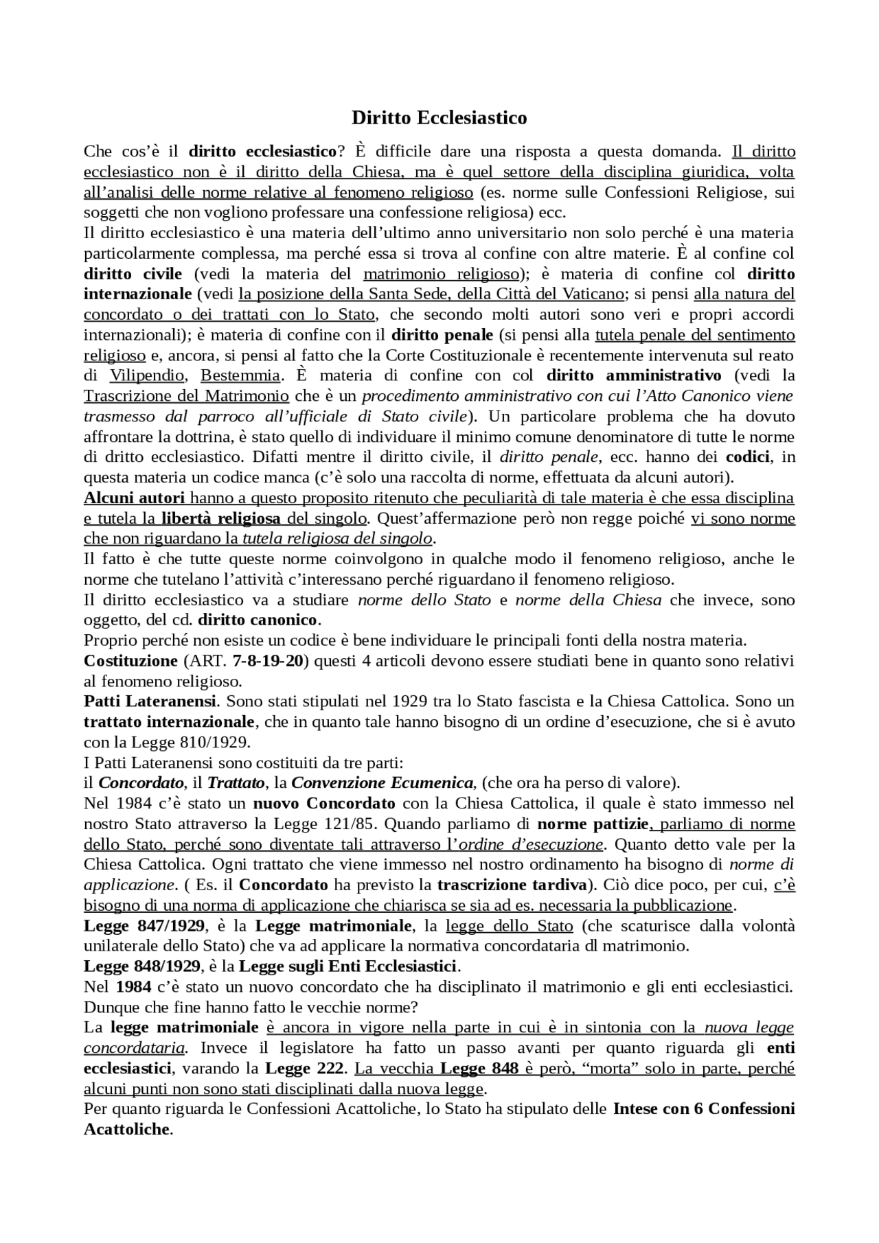 Appunti Diritto Ecclesiastico 2 Docsity