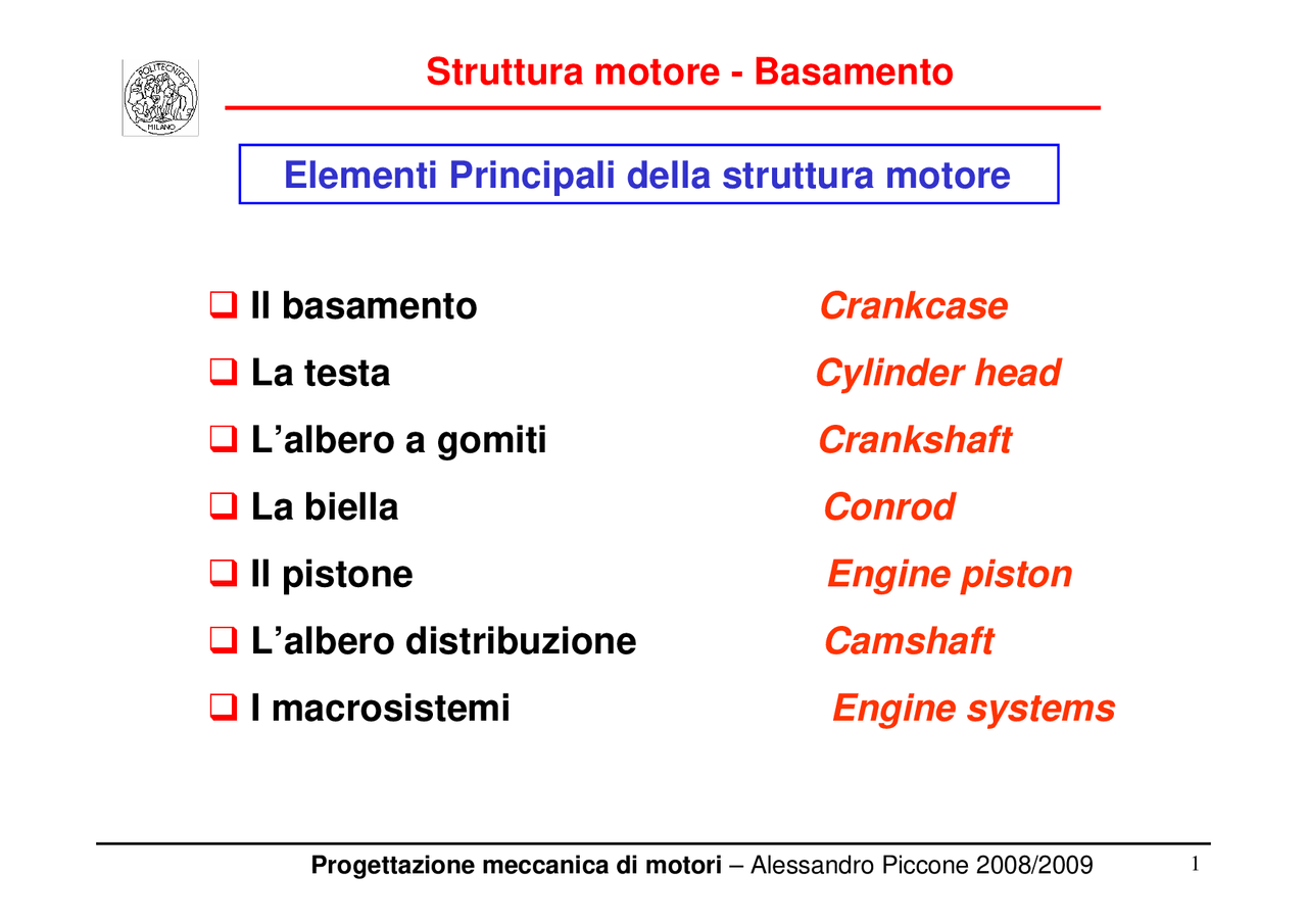 1- Struttura motore - Il basamento - Docsity