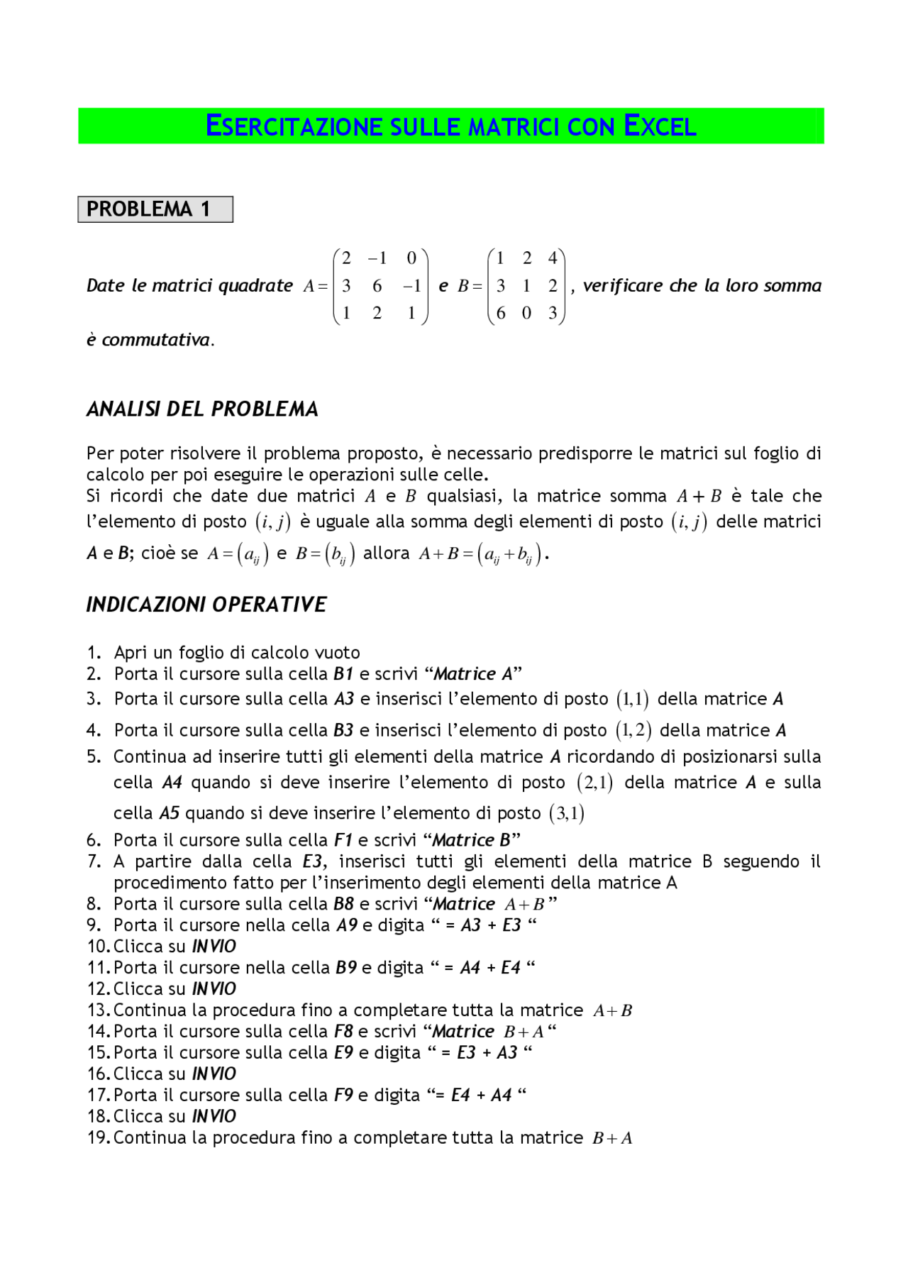 Matrici Excel 1 Docsity