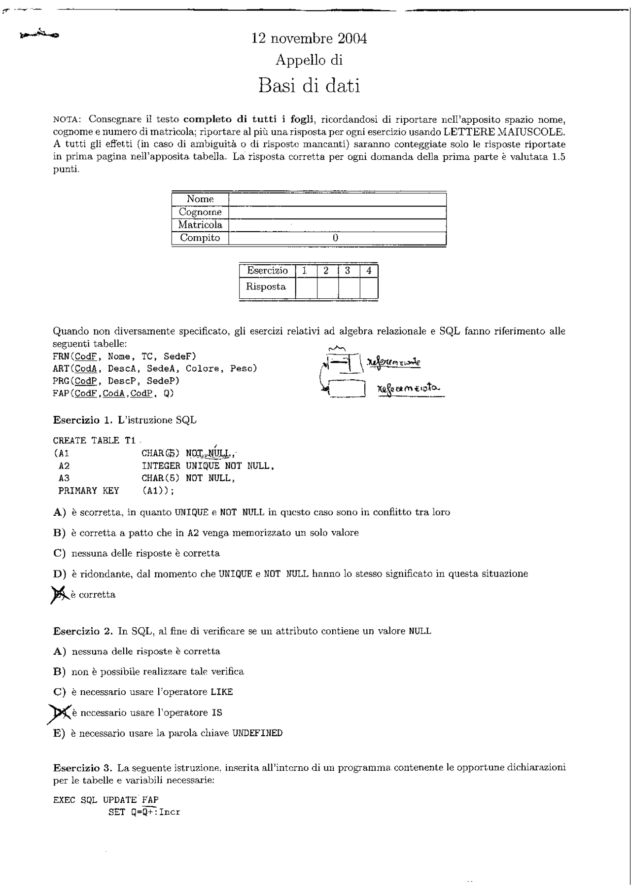 Vm Basi Di Dati Esame Con Traccia Soluzioni 12 11 2004 Prove D