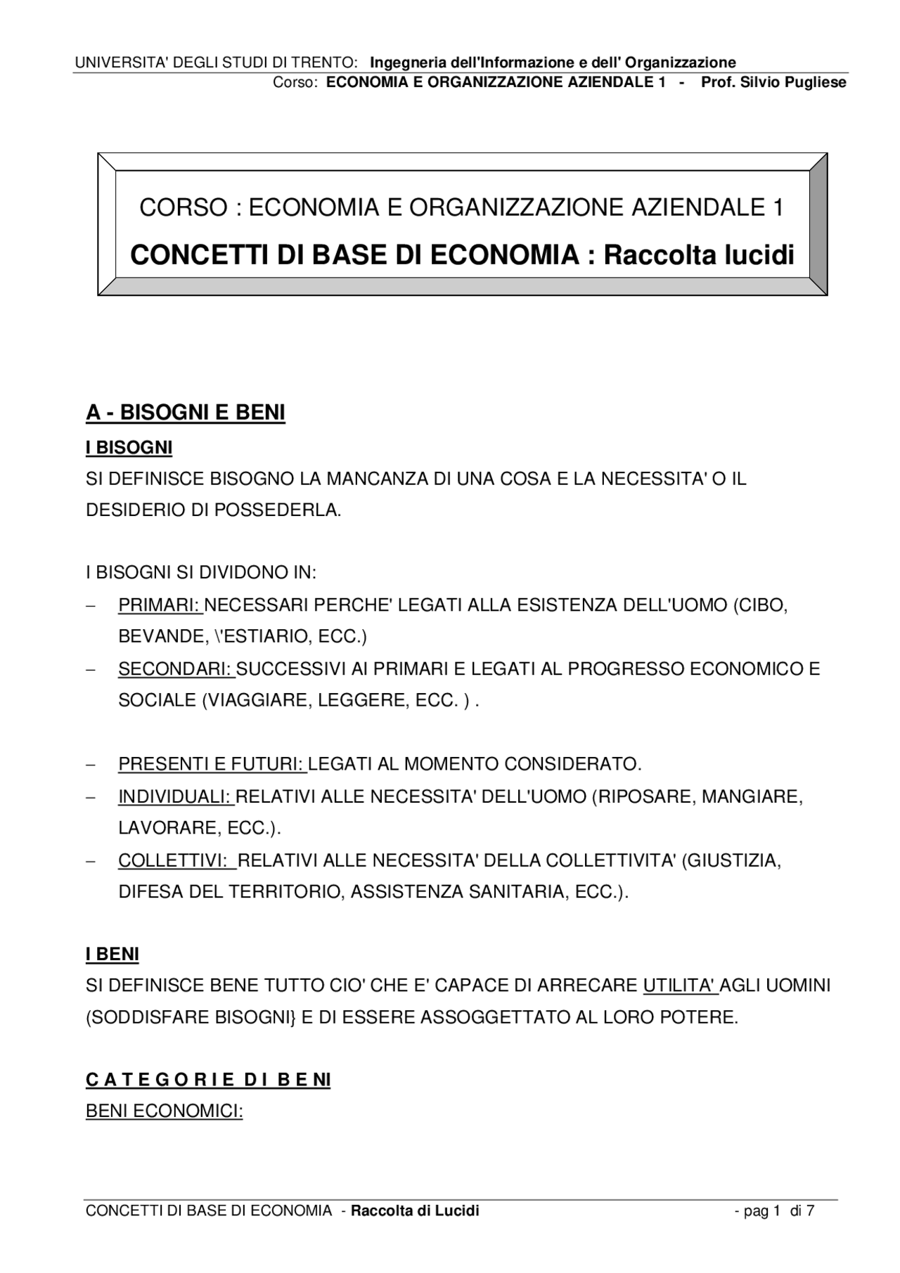 Concetti di base di economia - Docsity