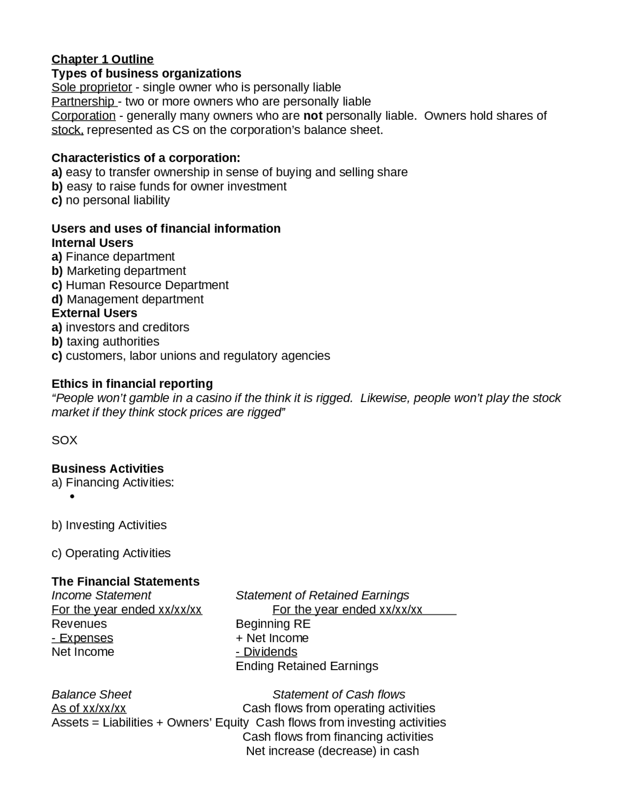 Types of Business Organizations - Lecture Notes | ACCT 2301 - Docsity