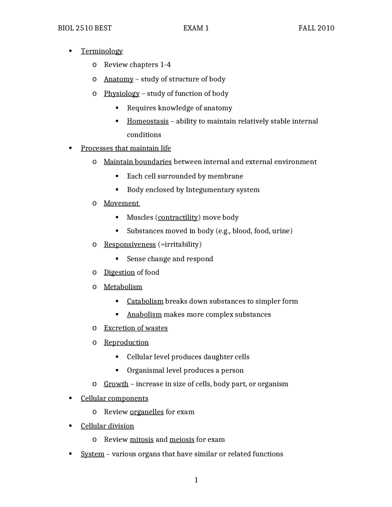 Review Sheet for Exam 1 - Human Anatomy and Physiology | BIOL 2510 ...