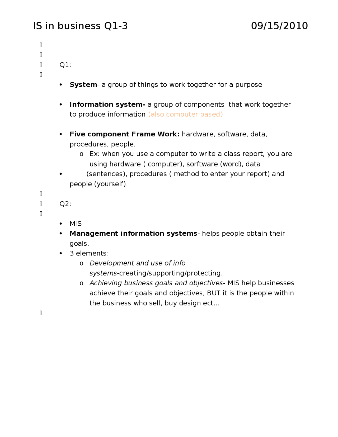 Exam 1 Outlines For Introduction To Business Information System Acis