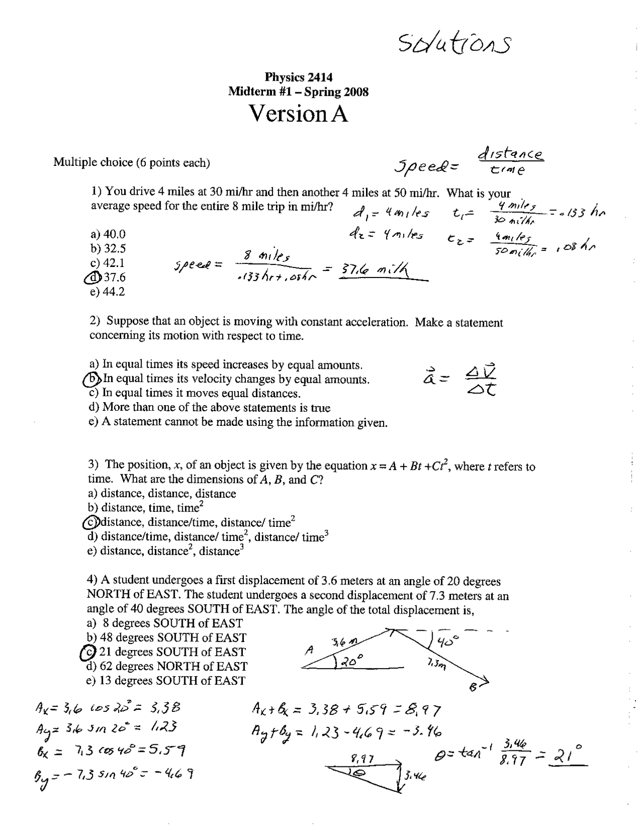 Midterm Exam 1A with Solution for General Physics for Life Science | PHYS 2414 | Exams Physics ...