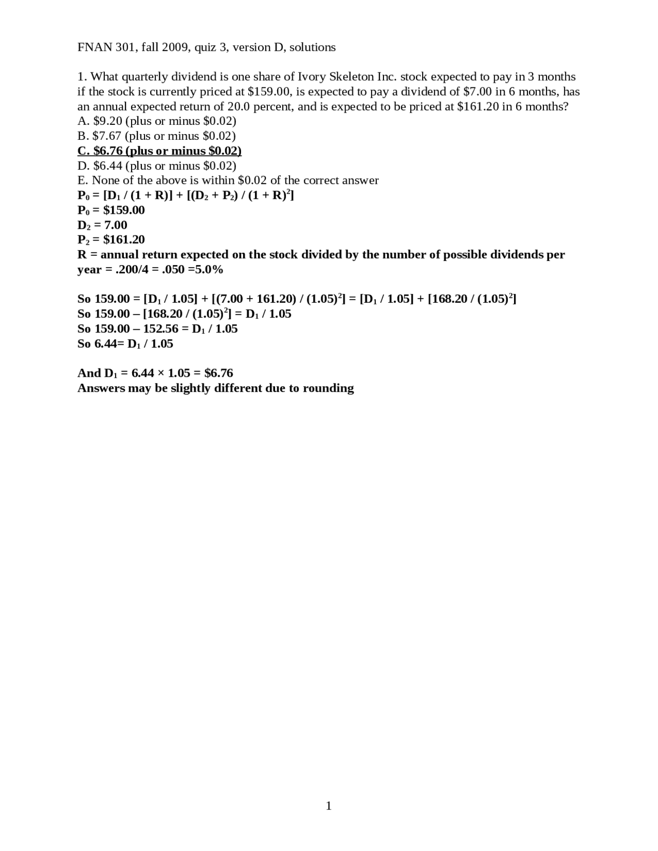 9 Questions With Solution Of Recitation For Lecture Quiz 3 Fnan 301