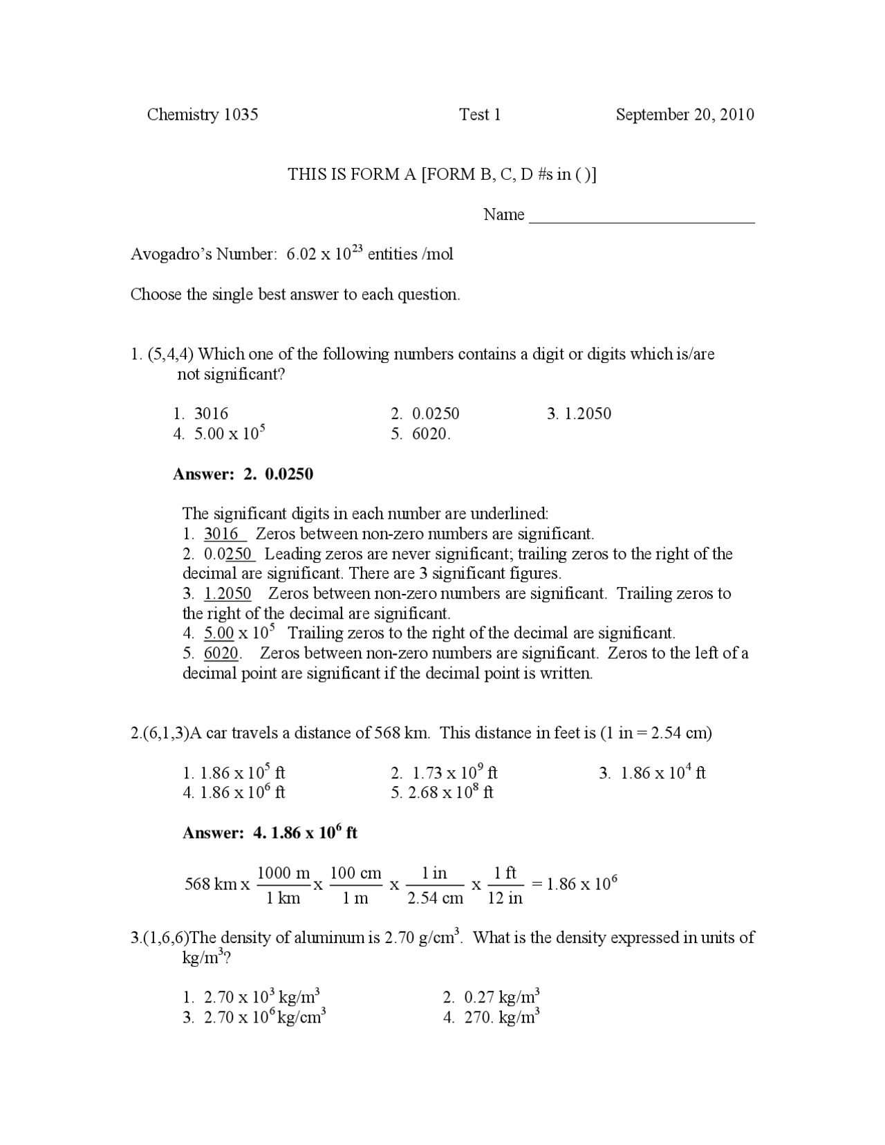 Solutions for Exam 1 Form A - General Chemistry | CHEM 1035 - Docsity