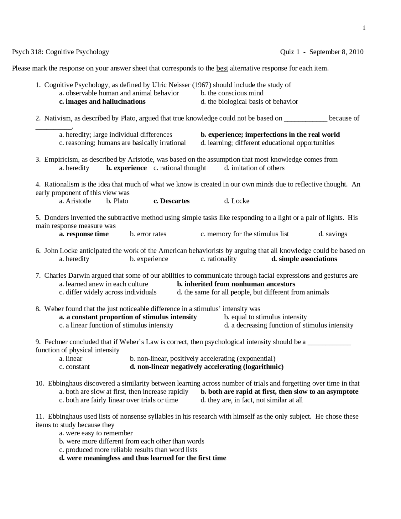 Practice Quiz 1 On Cognitive Psychology Psyc 318 Docsity