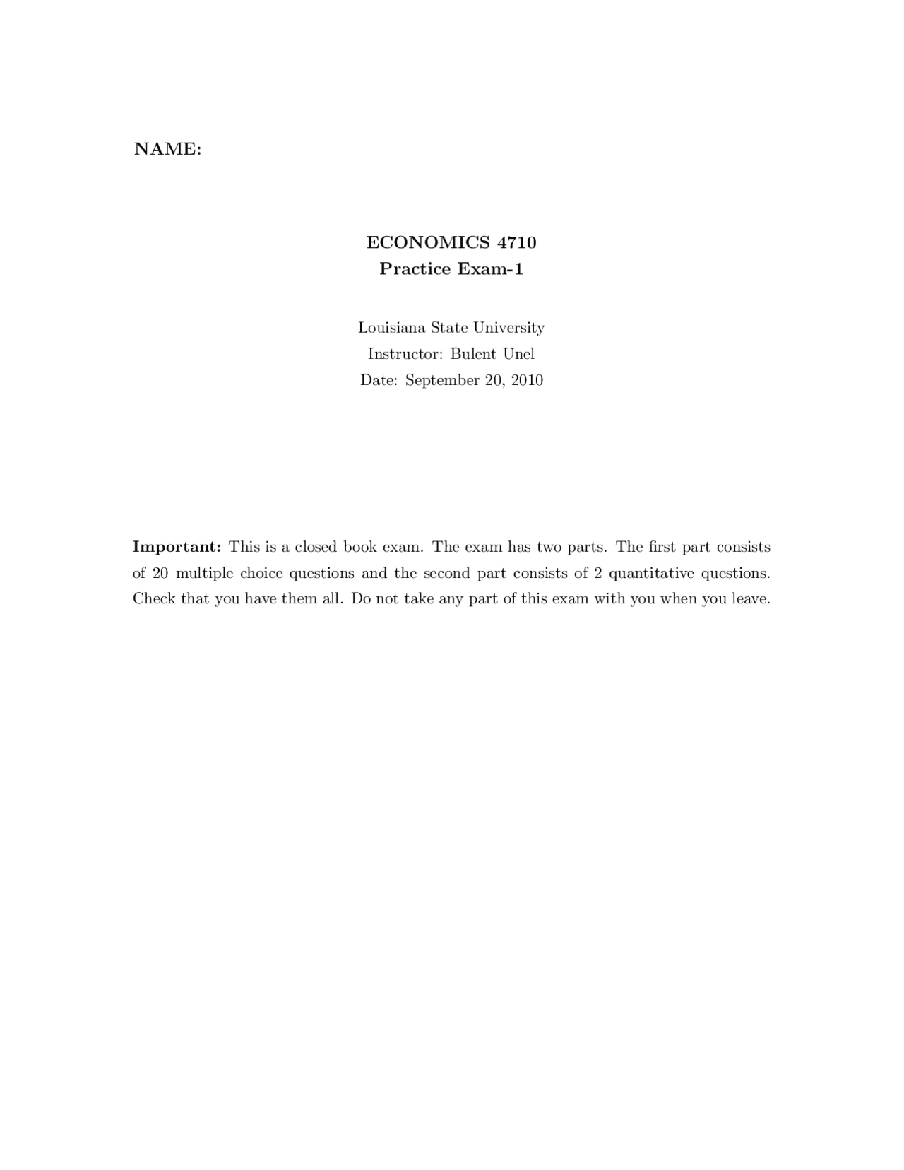 Practice Exam 1 Questions Intermediate Macroeconomics Econ 4710
