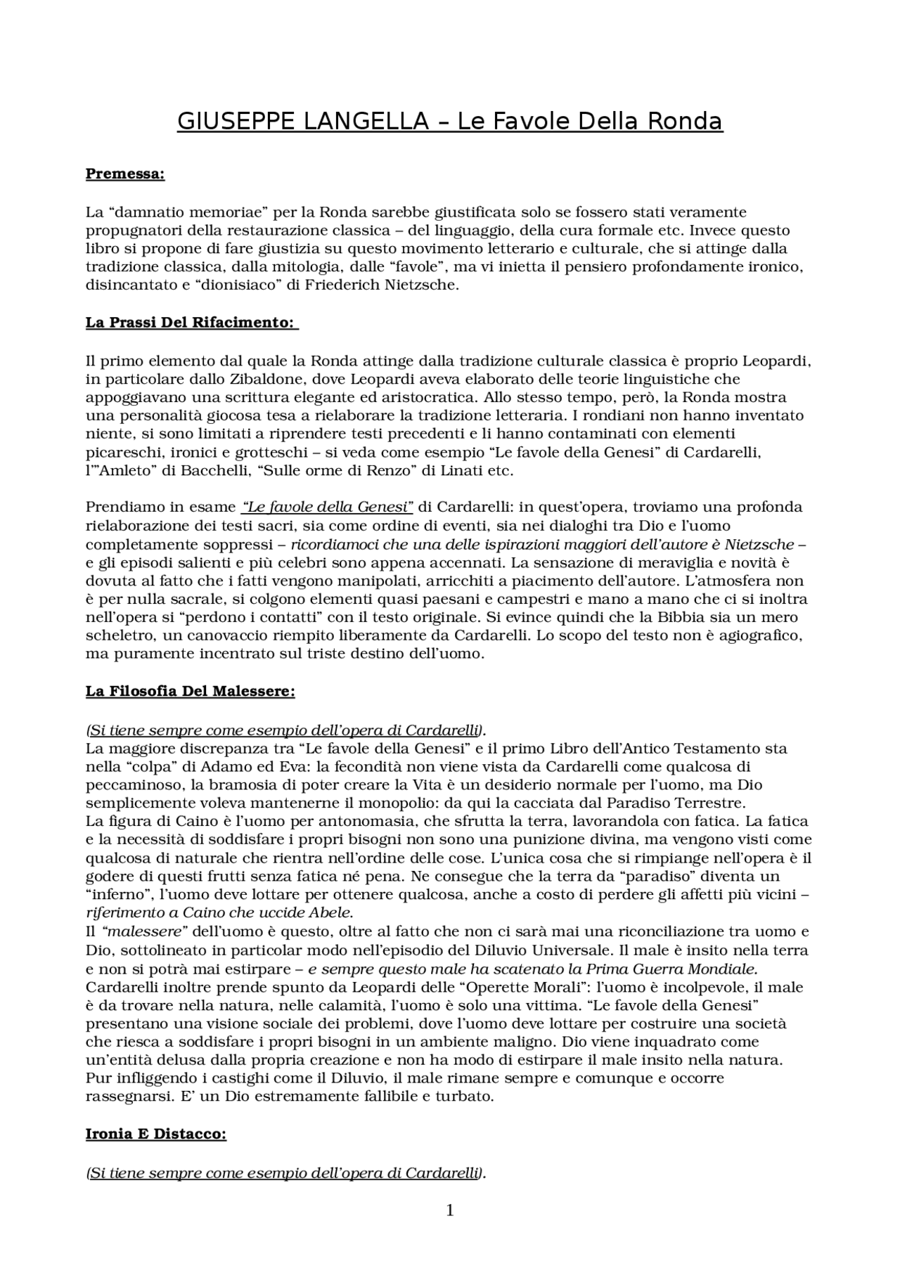 GIUSEPPE LANGELLA | Sintesi del corso di Letteratura Italiana | Docsity