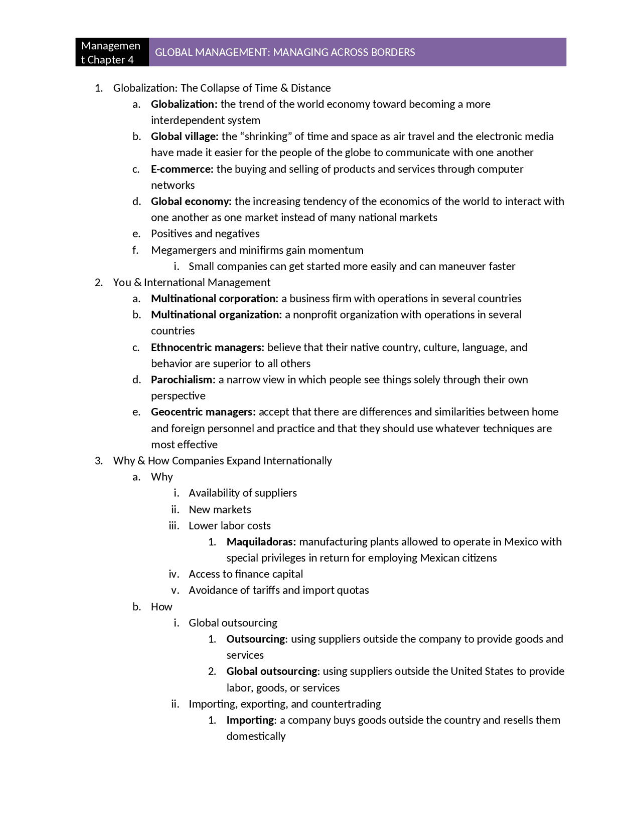 Global Management Across Border Lecture Notes Mgt 3304 Docsity