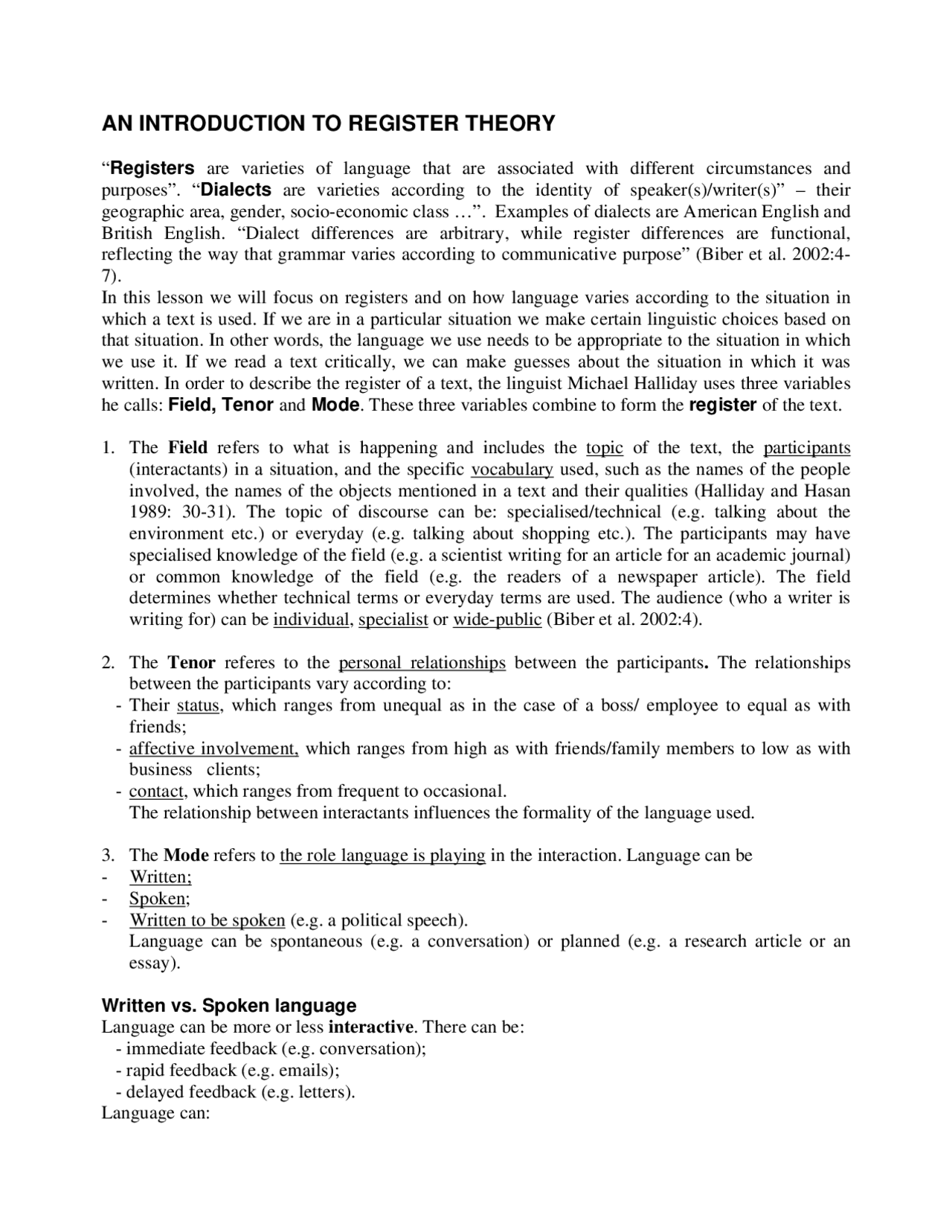 Lingua Inglese - An introduction to Register Theory - Docsity