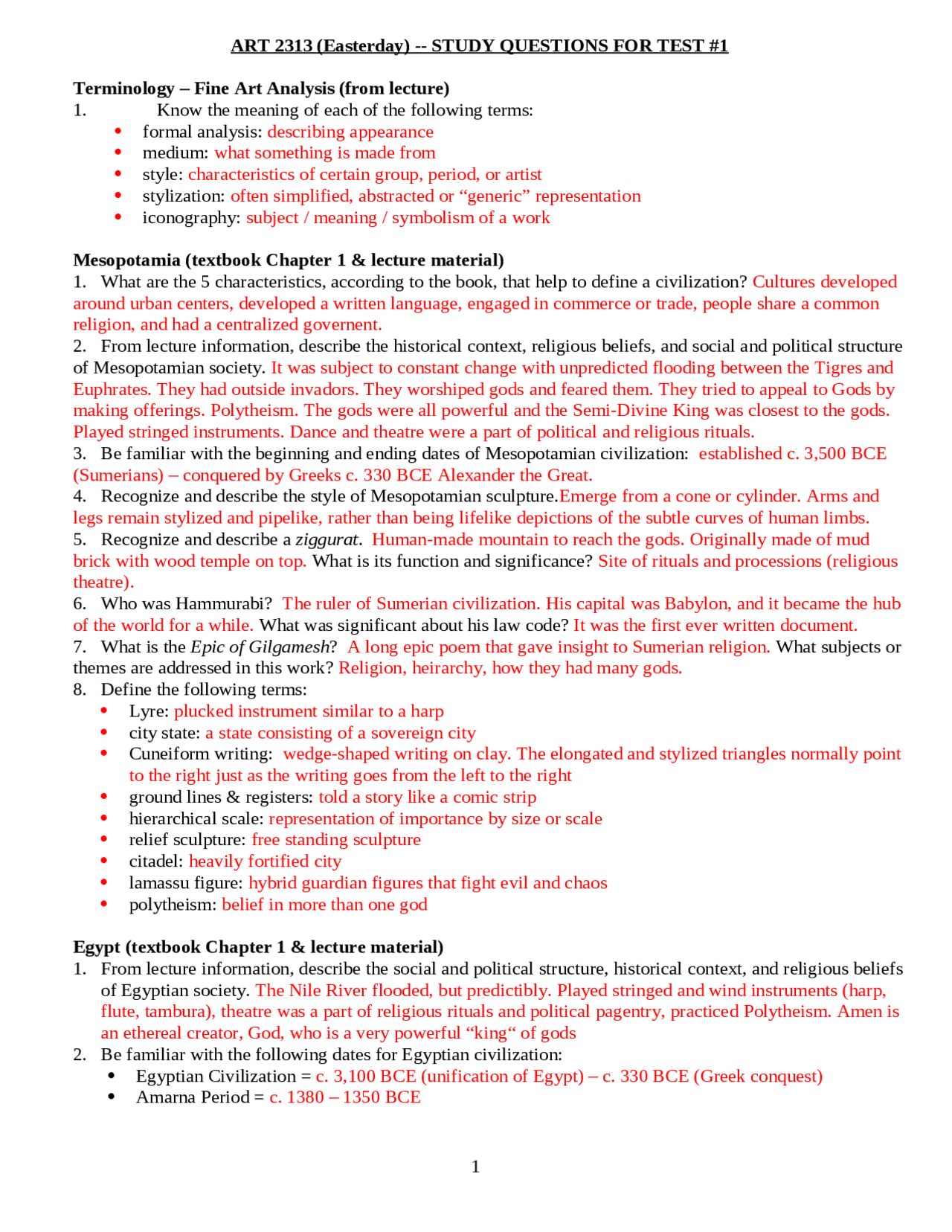 Study Questions for Art History Test #1: Mesopotamia, Egypt, Ancient ...