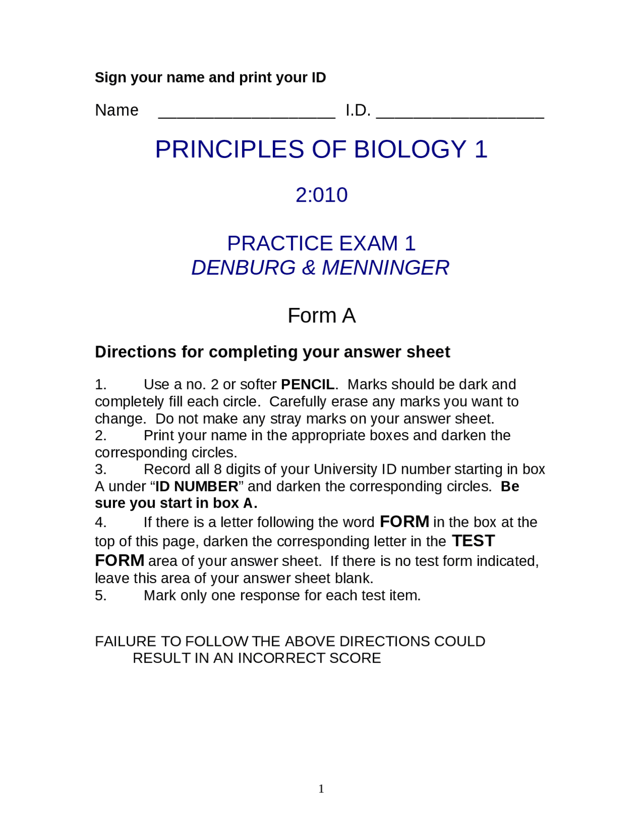 Practice Exam One - Principles of Biology One | 002 010 - Docsity