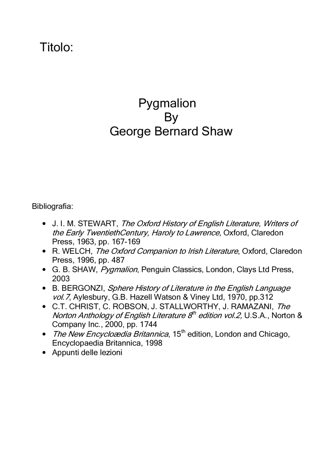 Letteratura Inglese Pygmalion G B Show Scheda Docsity
