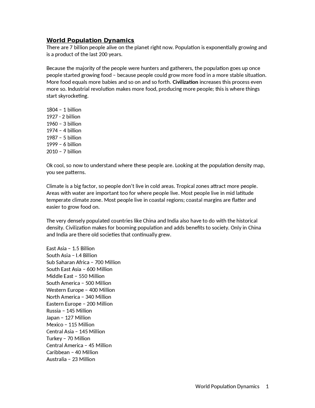 World Population - Lecture Notes - World Regions | GEOG 1014 | Study ...