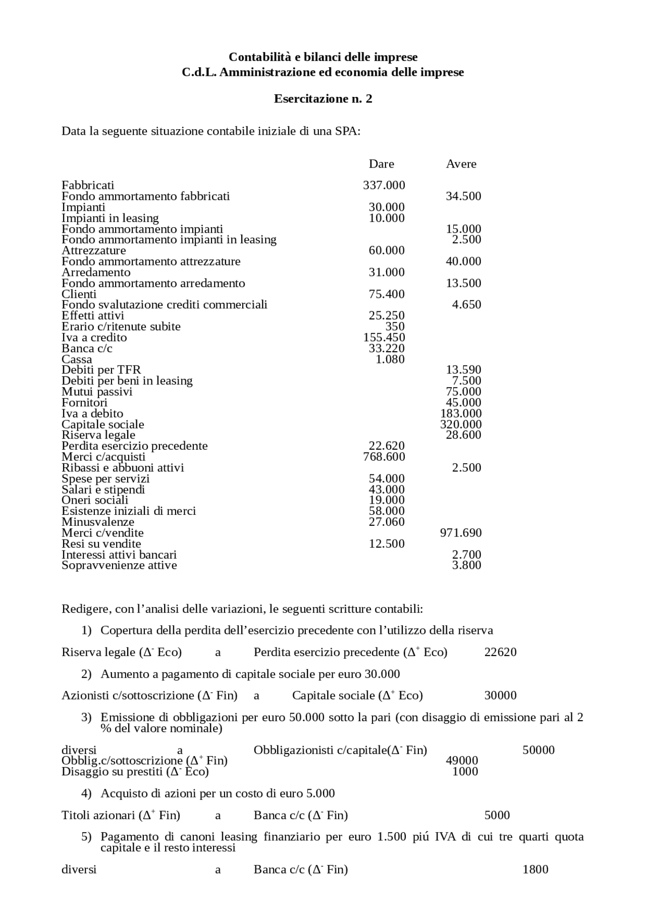 Esercitazione 1 Contabilità Scritture Contabili Docsity