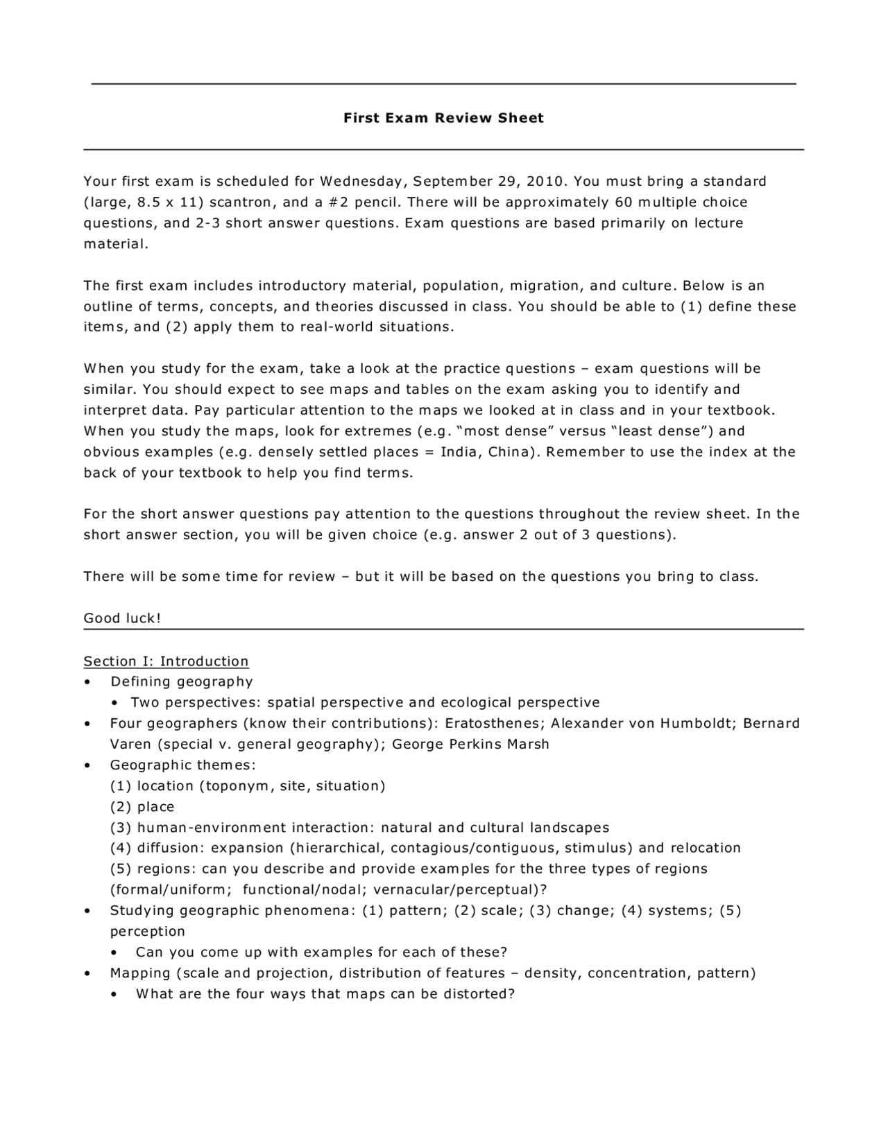 Exam 1 Review Sheet World Regions Geog 201 Docsity