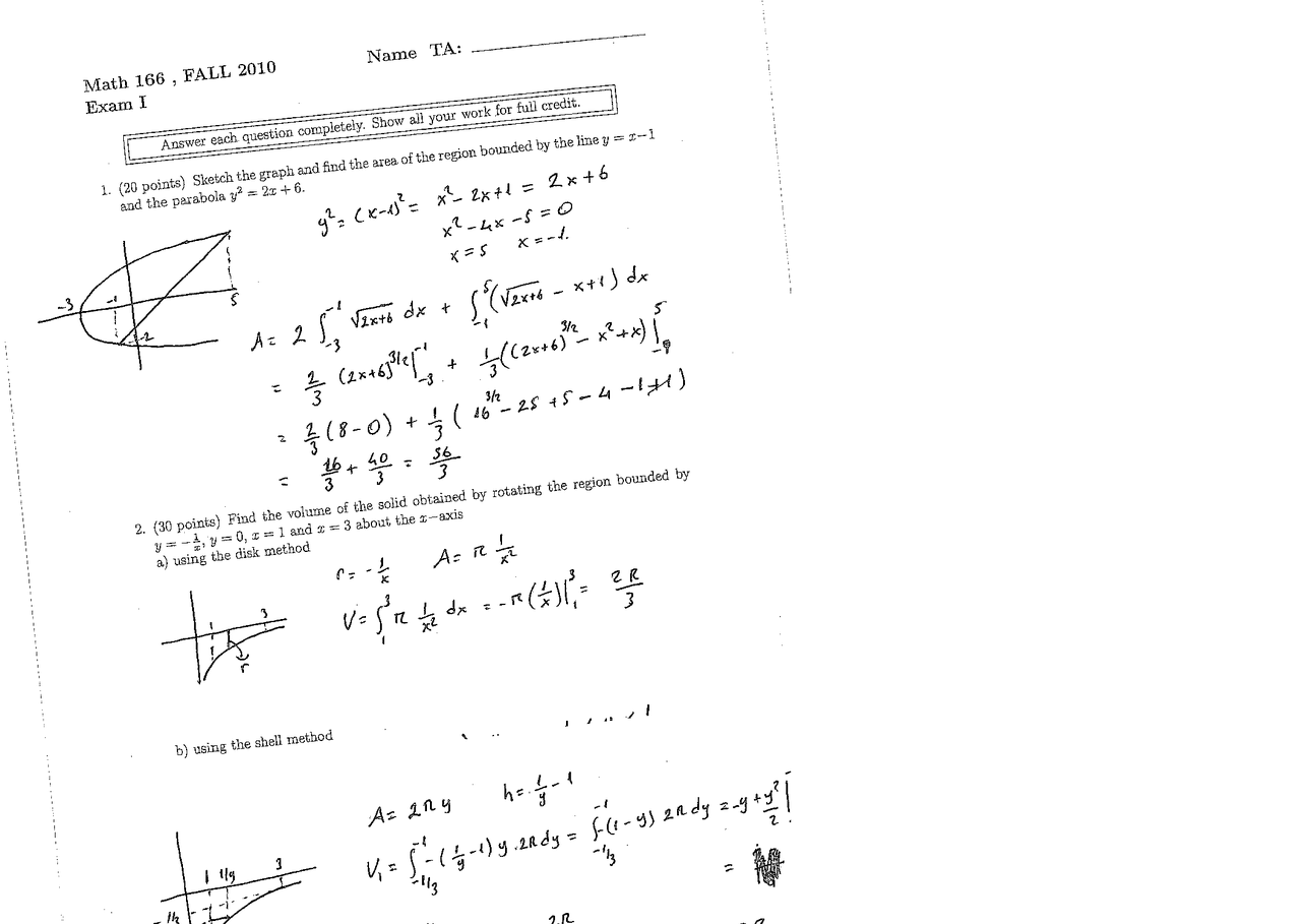Calculus Ii Exam 1 Questions With Solutions Math 166 Docsity
