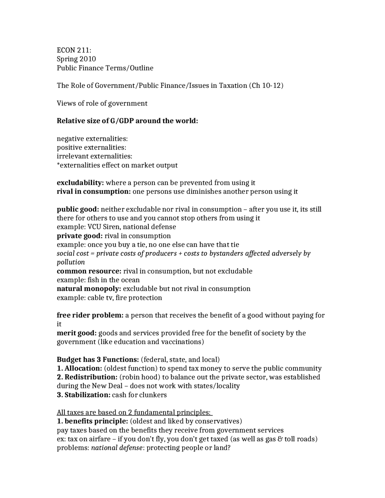 The Public Finance Terms Outline Econ 211 Docsity
