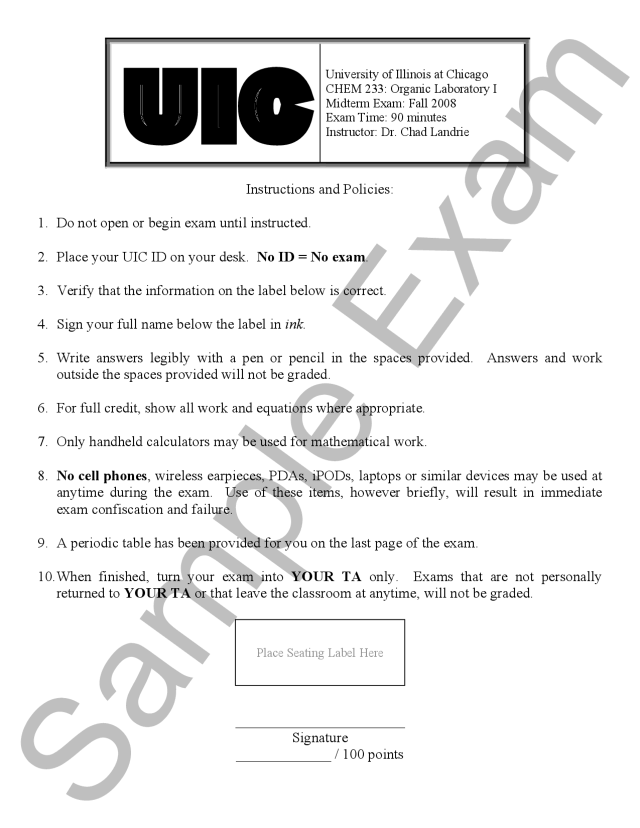 Midterm Exam For Organic Chemistry Laboratory I Chem 233 Docsity