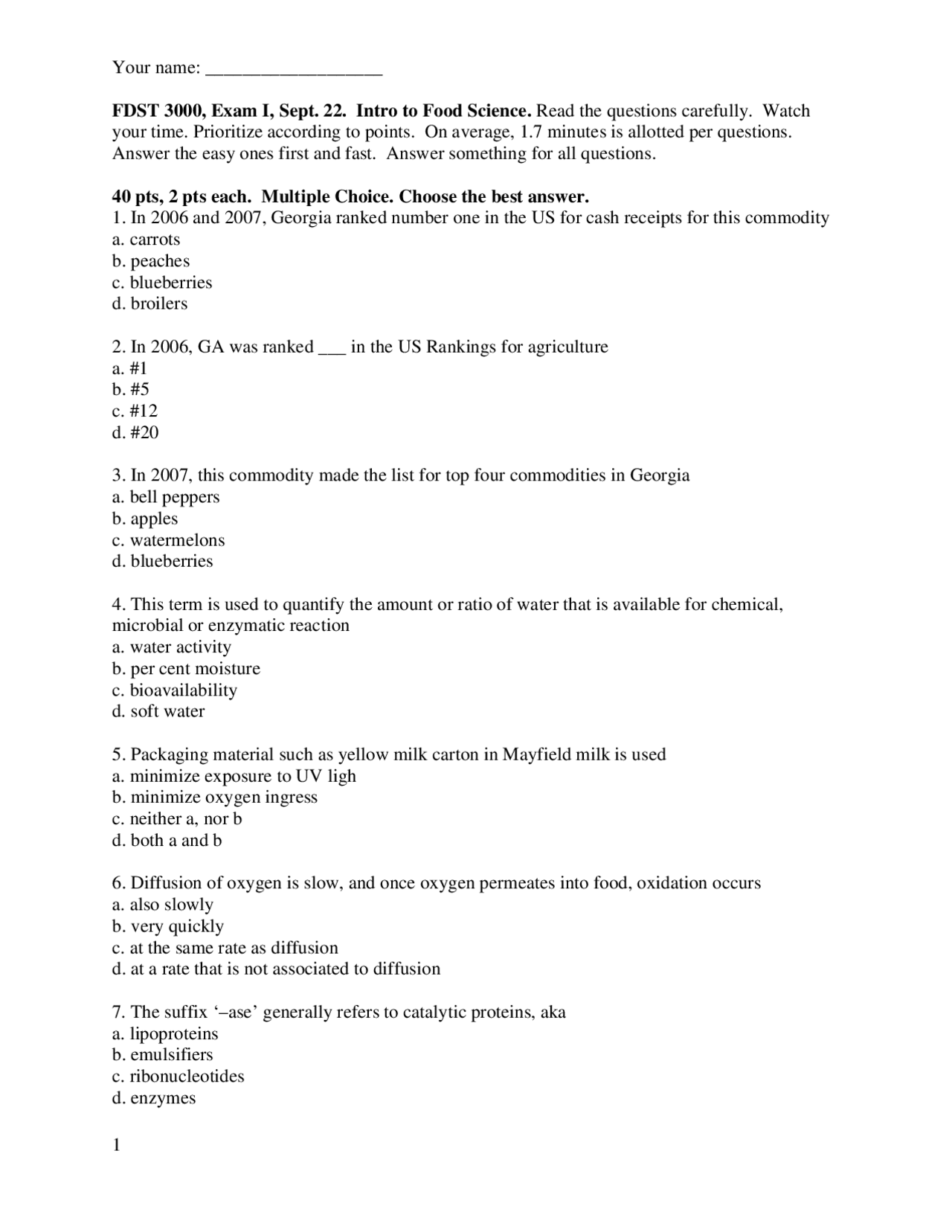 Mcqs On The Introduction To Food Science Examination 1 Fdst 3000