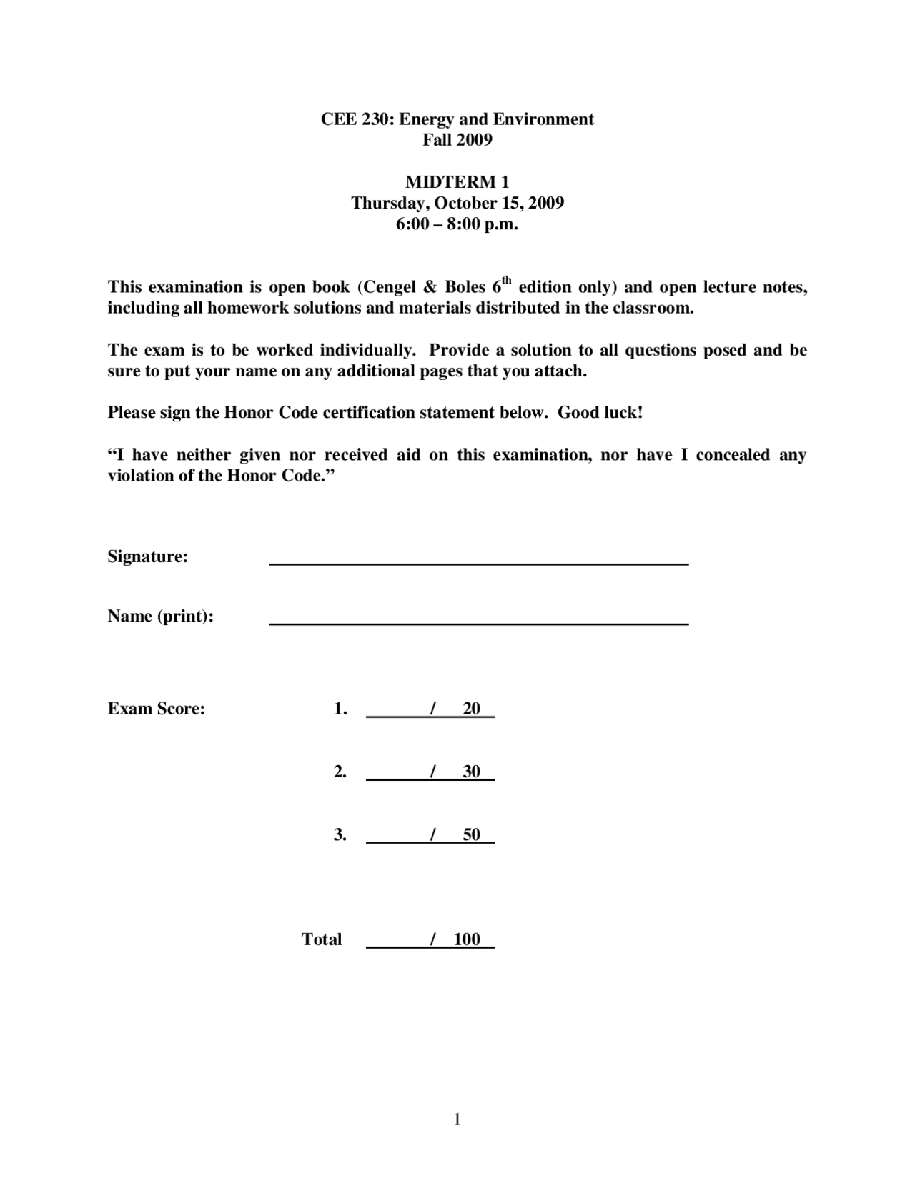 Midterm Exam 1 Questions Energy And Environment Cee 230 Docsity