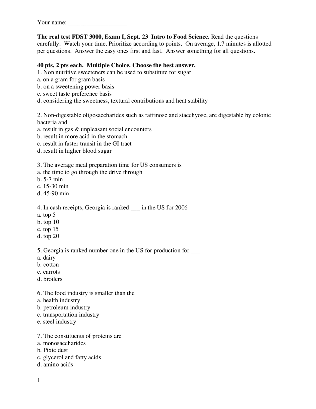 43 Questions On The Nutrition In Food Science Exam Fdst 3000 Docsity