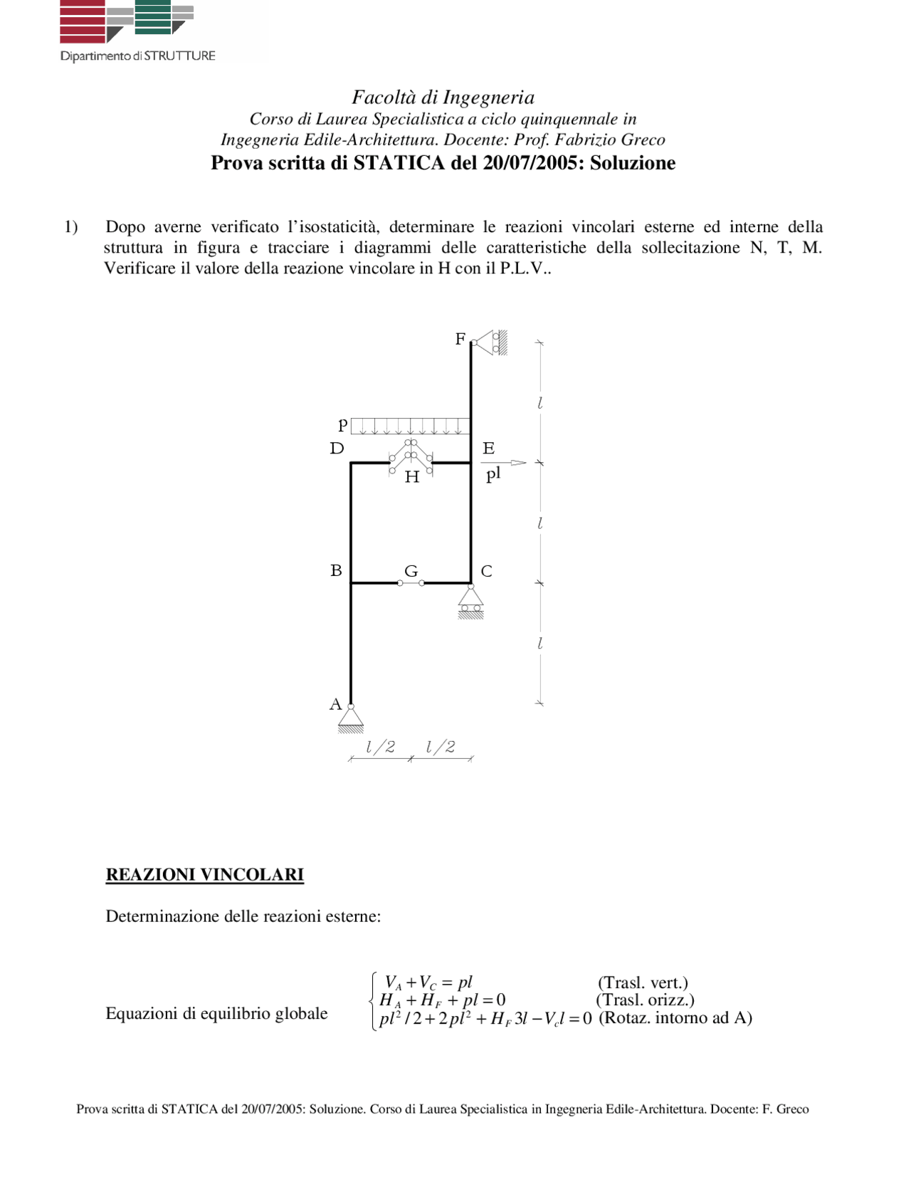 Prova Di Statica Del 20 07 05 Prove Desame Di Statica Docsity