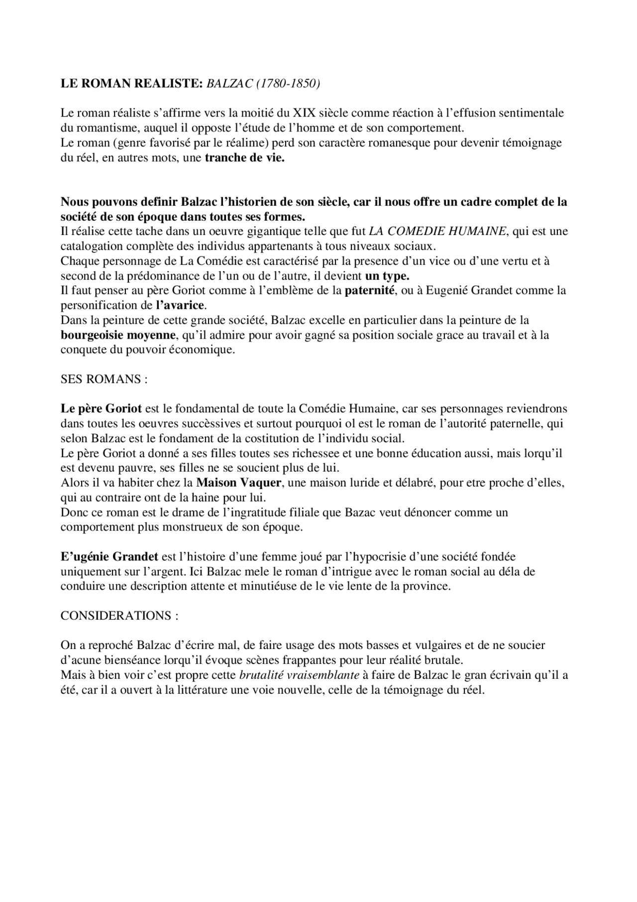 Letteratura Francese - Le Roman realiste - Balzac - Docsity