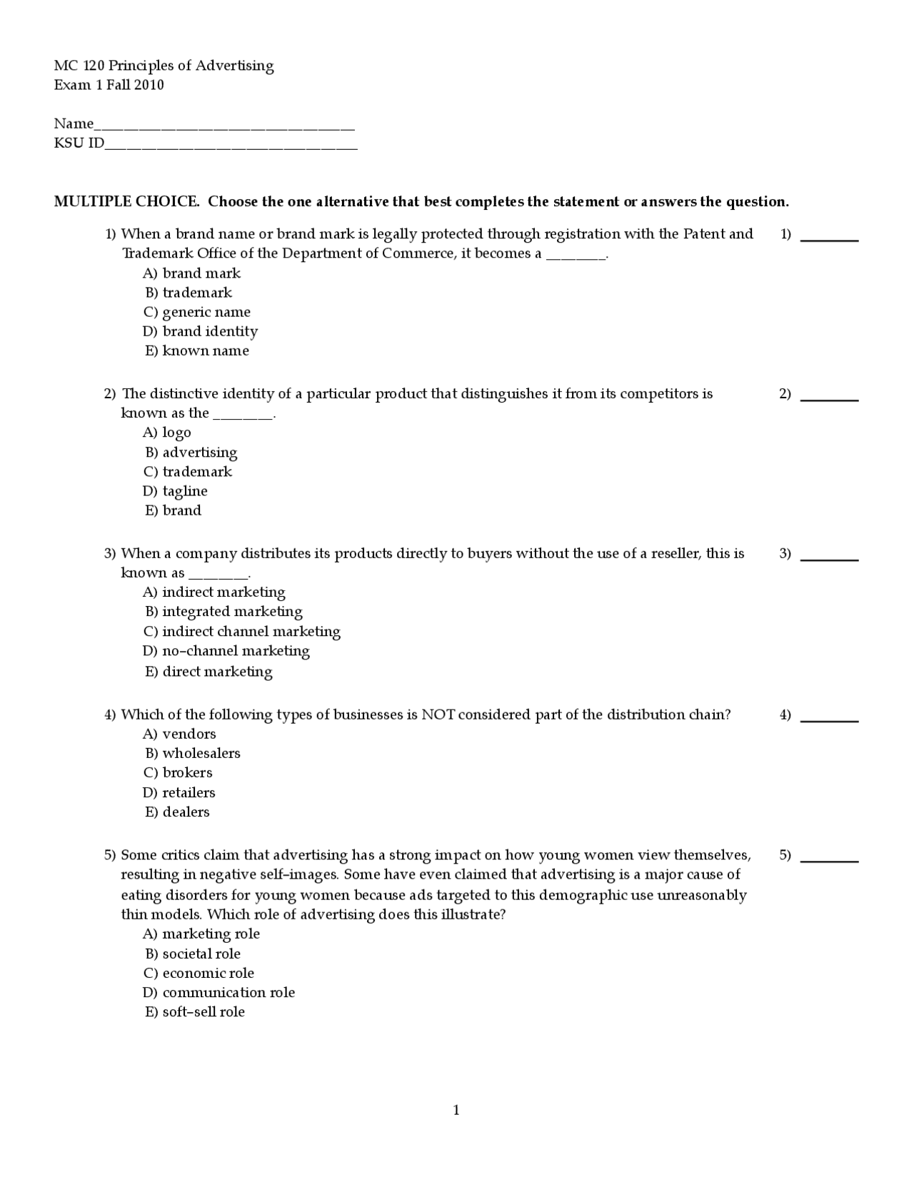 50 MCQs with Answer Key | Principles of Advertising | MC 120 - Docsity