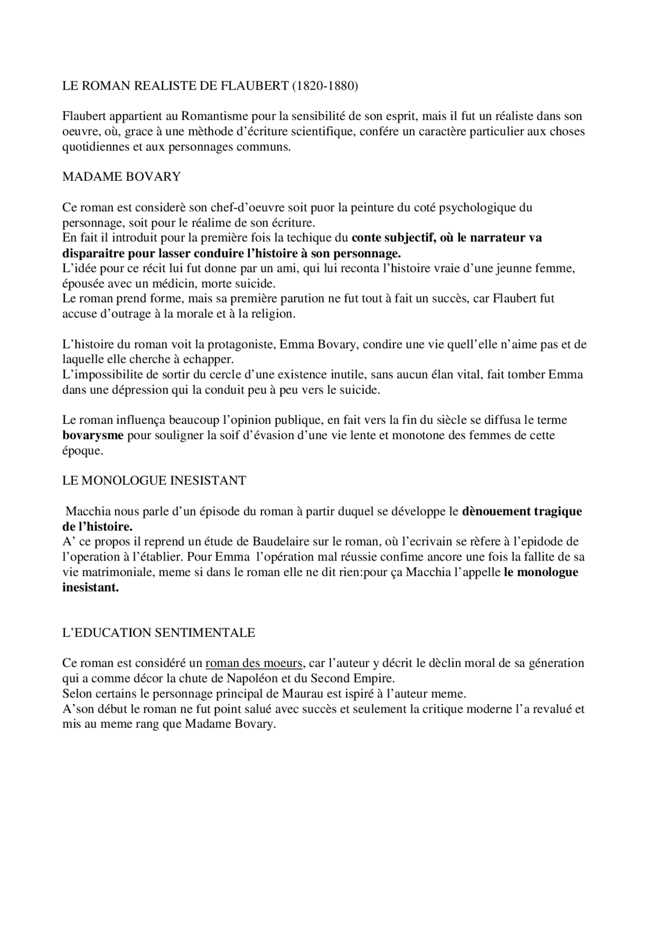 Letteratura Francese Le Roman Realiste De Flaubert Docsity