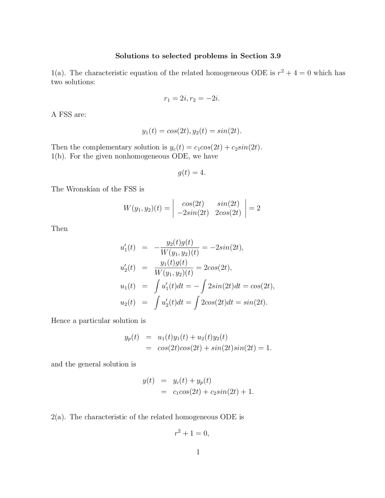 Homework Section 39 Introduction To Different Equations Math 2214