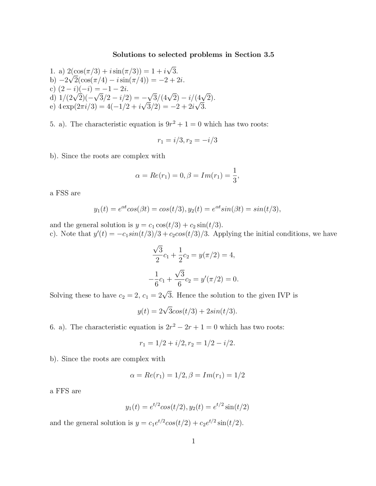 Solutions To Homework Section 3 5 Introduction To Differential Equations Math 2214 Docsity