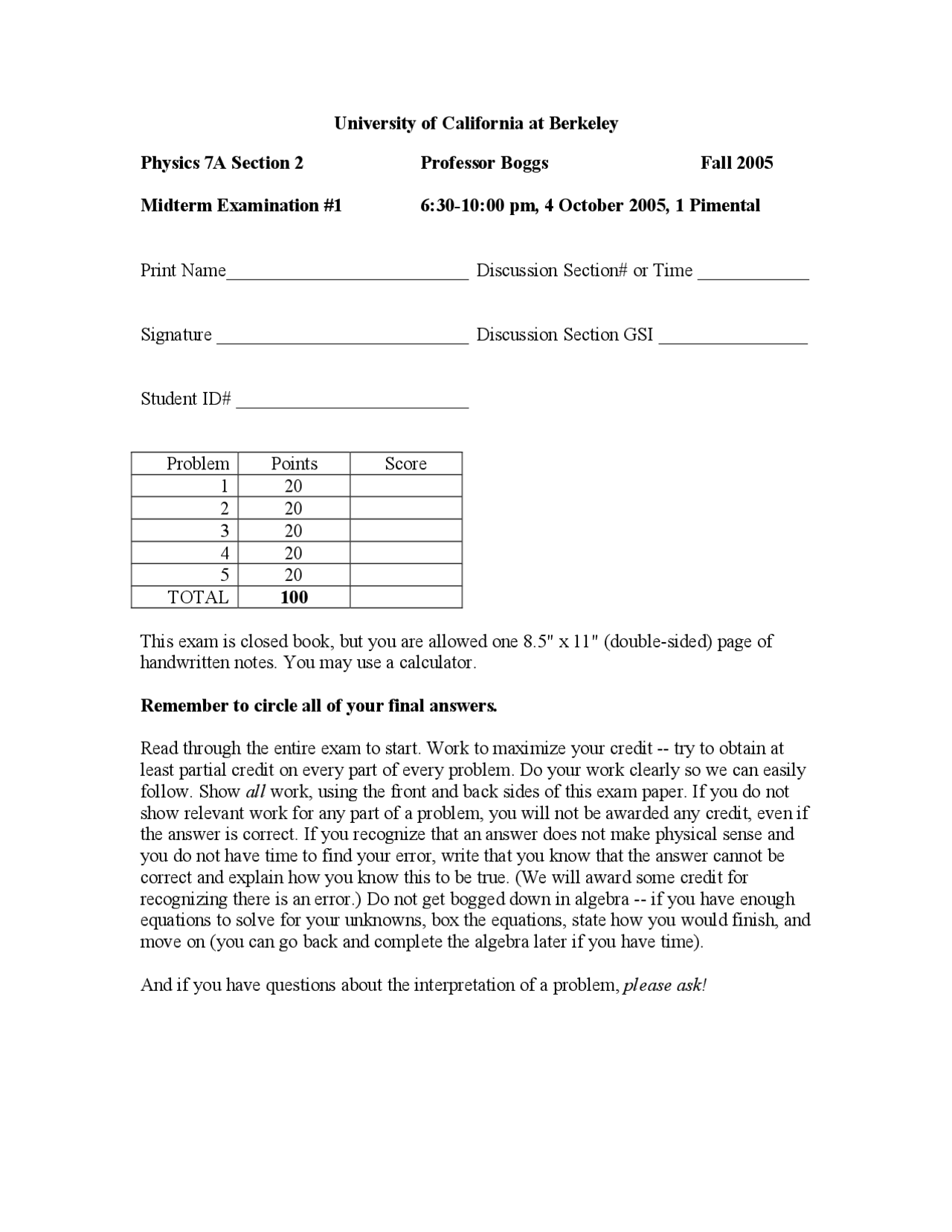 Midterm Exam 1 Physics For Scientists And Engineers Physics 7a