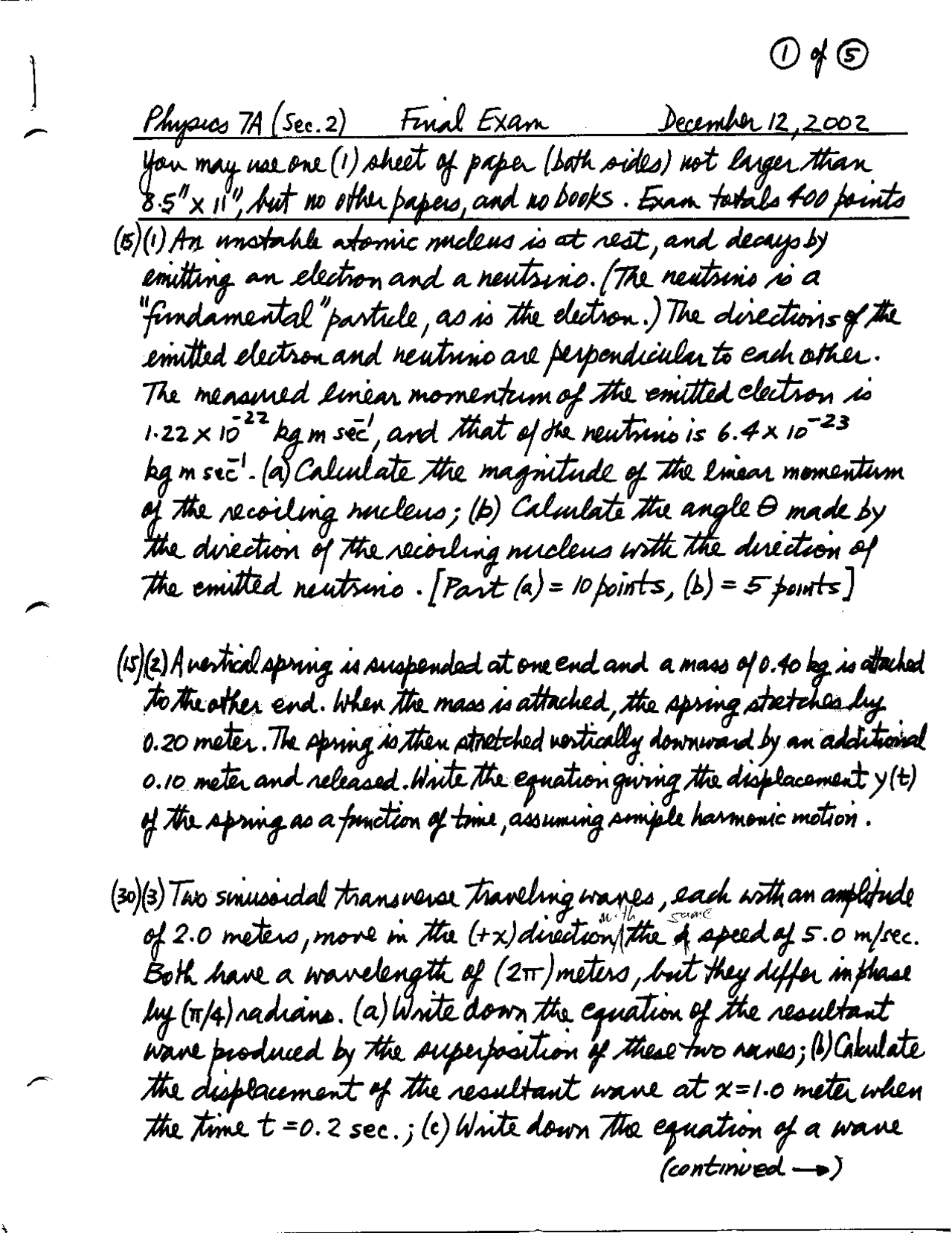 Solved Final Exam Physics For Scientists And Engineers Physics 7a