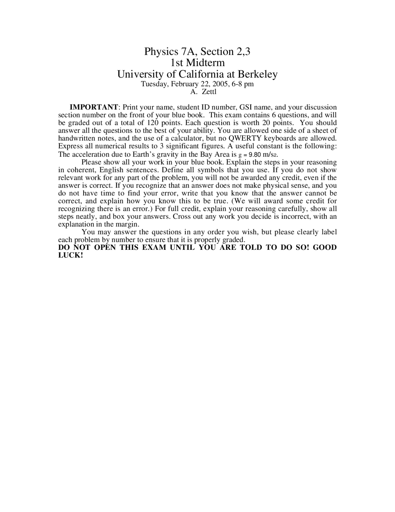 Physics For Engineers And Scientists I Midterm Exam 1 Physics 7a
