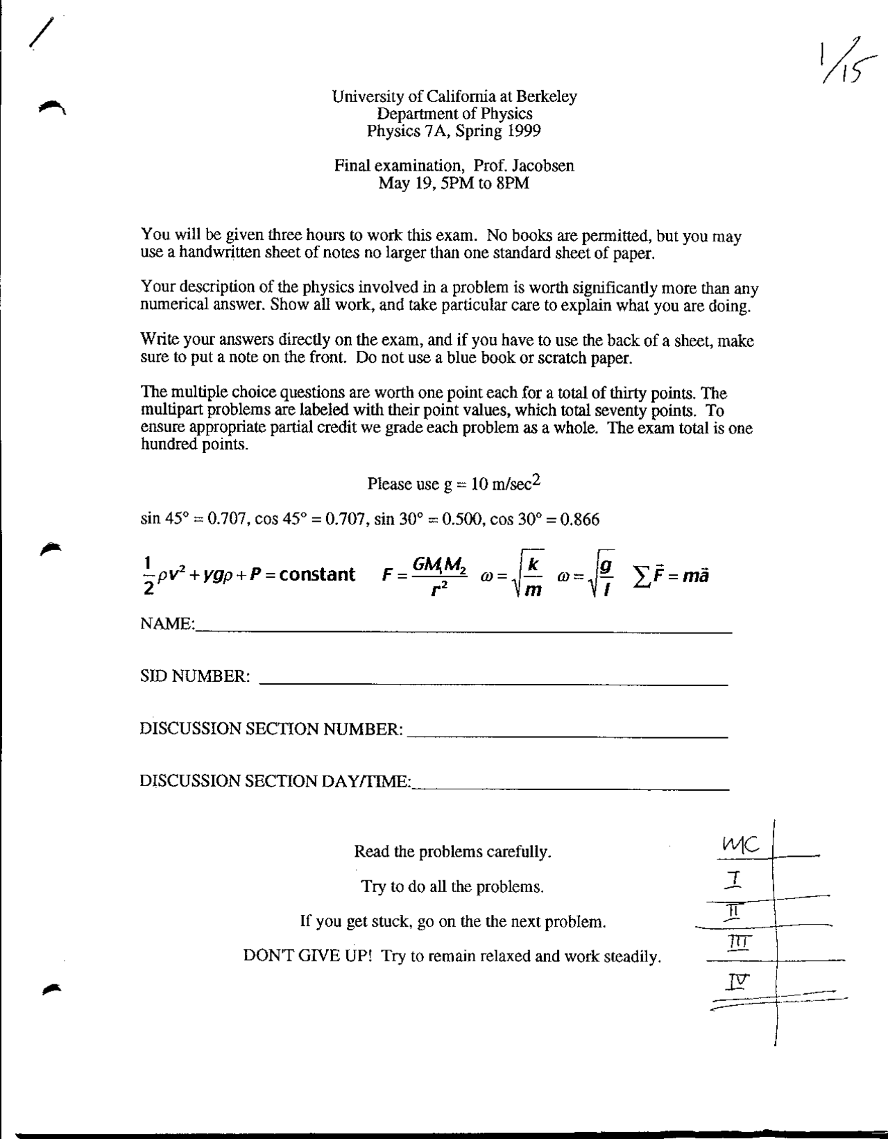 Final Exam Physics For Scientists And Engineers Physics 7a Exams