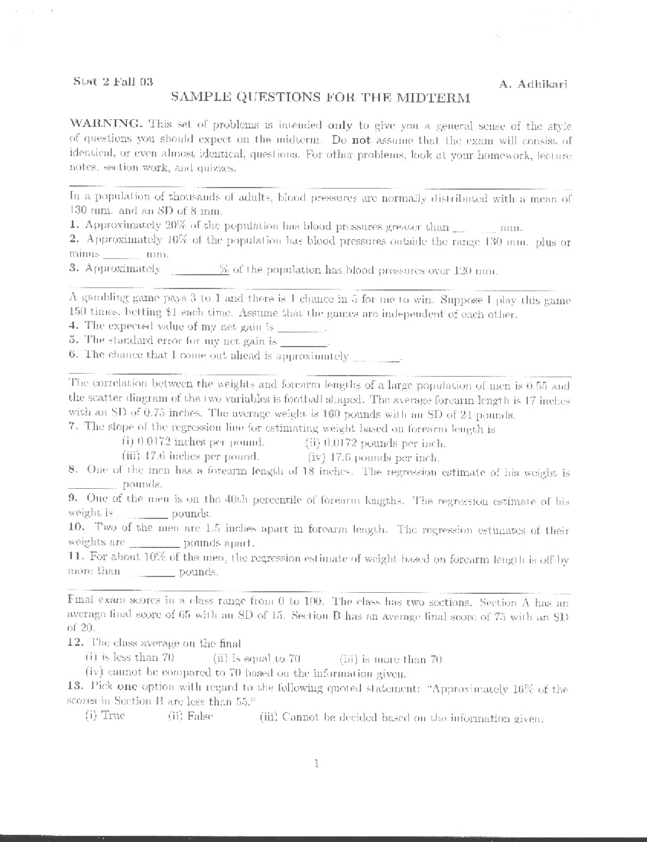 Introduction To Statistics Midterm Questions 2003 Stat 2 Docsity