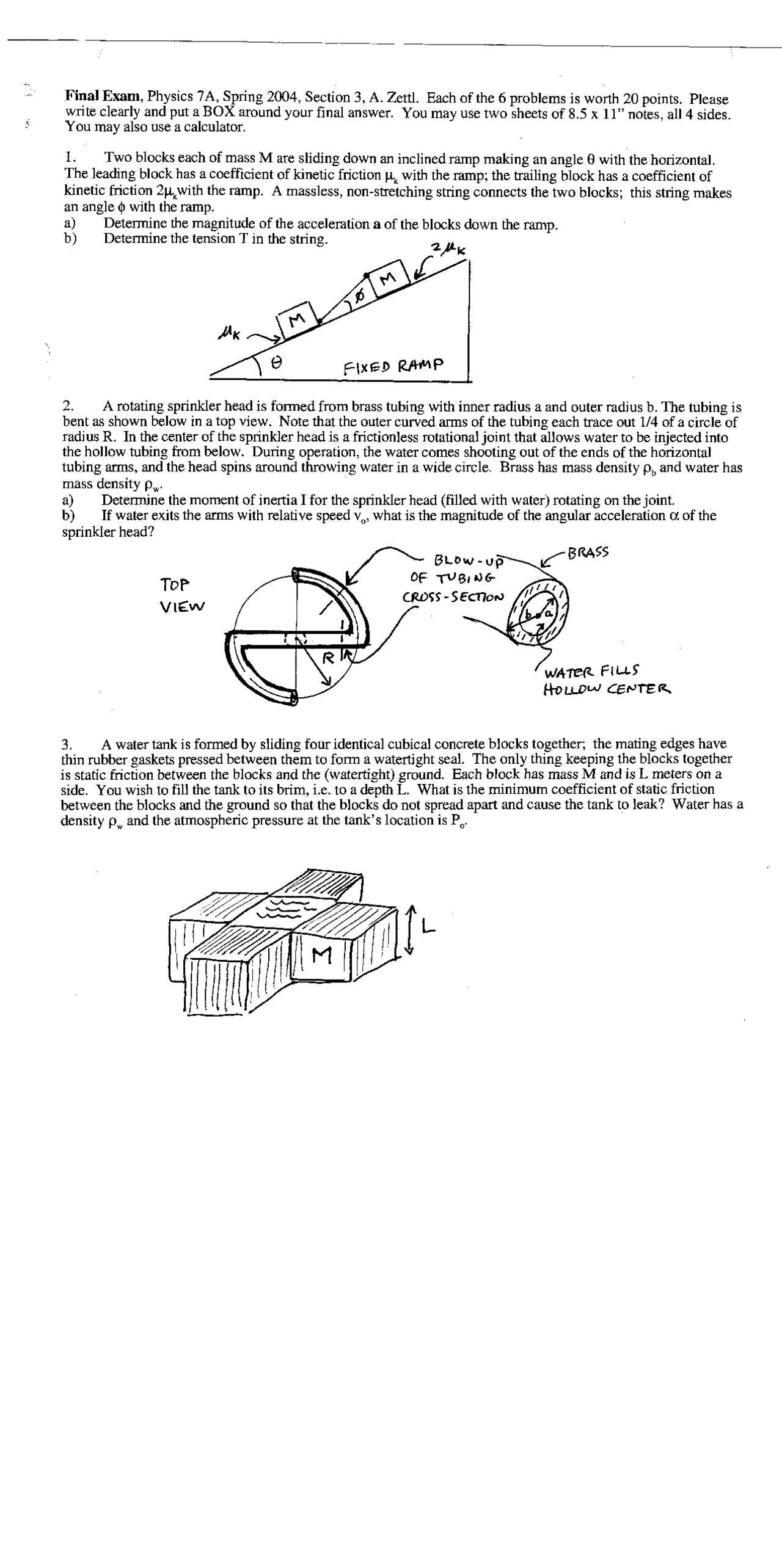 Final Exam Questions - Physics for Engineers and Scientists I | PHYSICS 7A | Exams Physics | Docsity