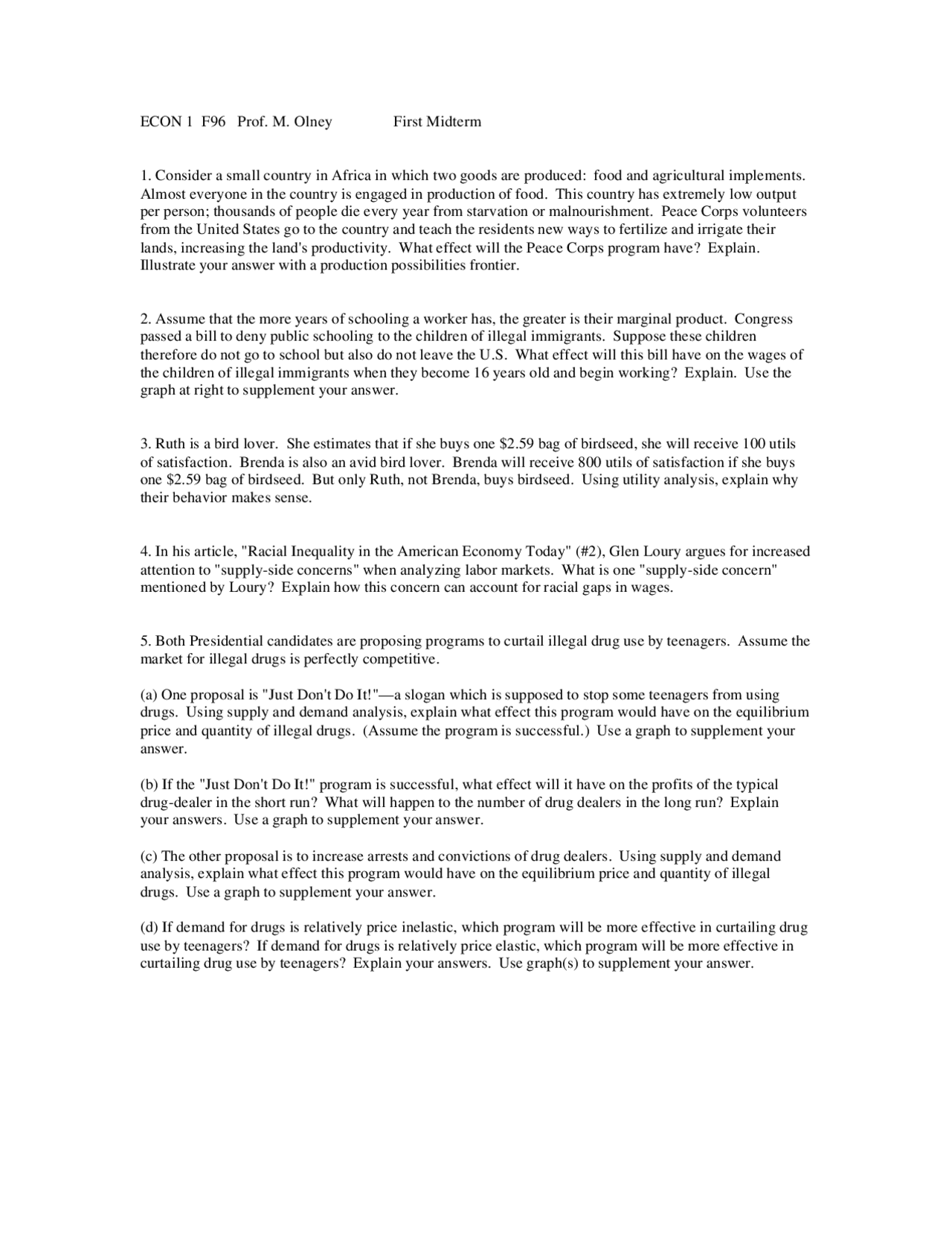5 Questions On Introduction To Economics Exam 1 Econ 1 Docsity