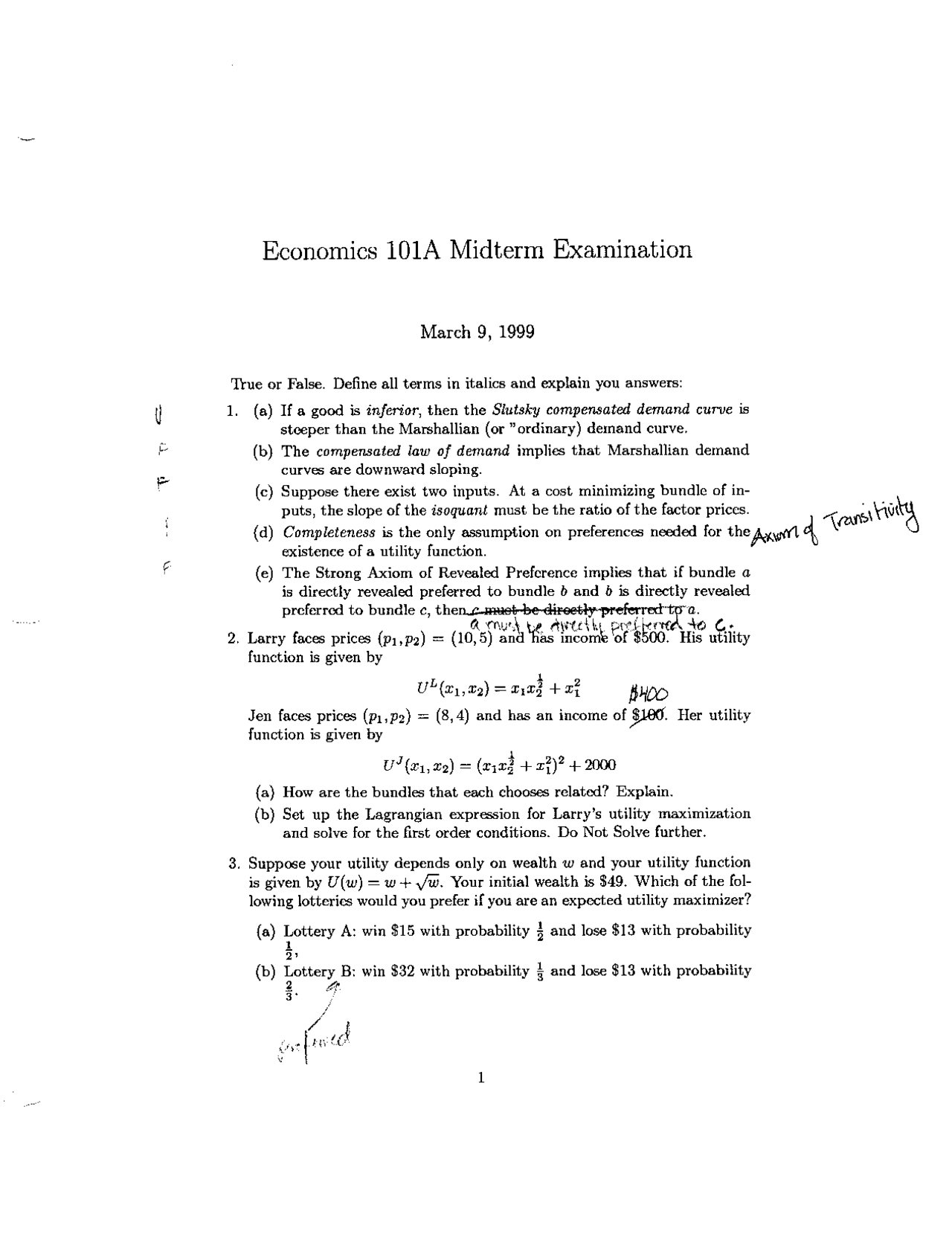 Solutions To Midterm Exam Economic Theory Micro Econ 101a Docsity