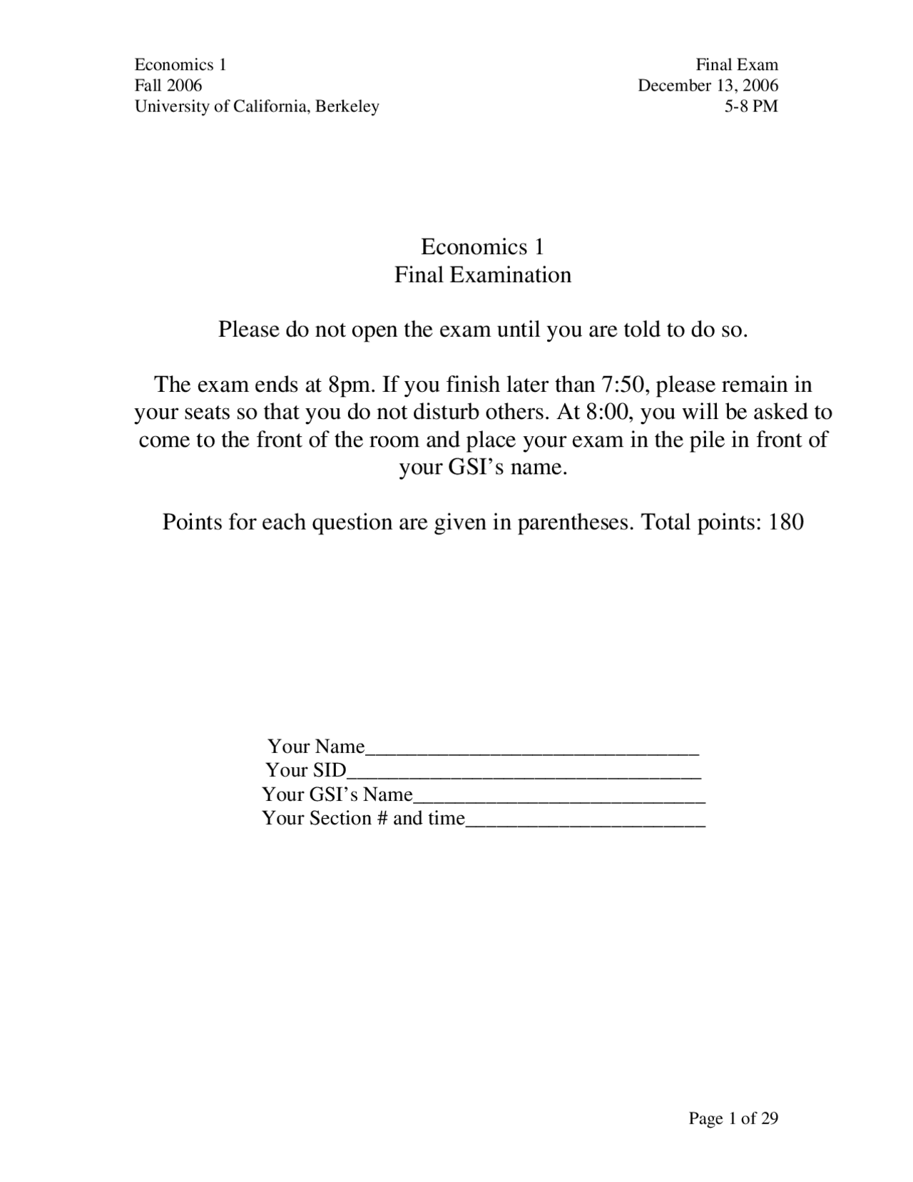 Introduction To Economics Final Exam 2006 Econ 1 Docsity