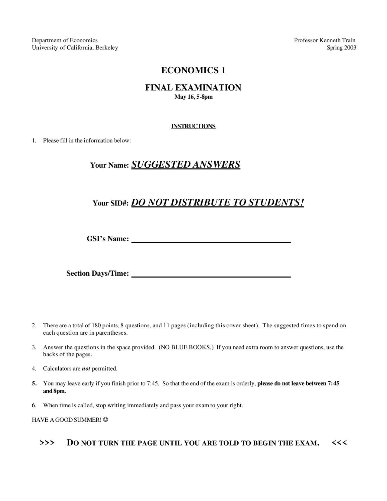 Final Examination Questions For Introduction To Economics Econ 1