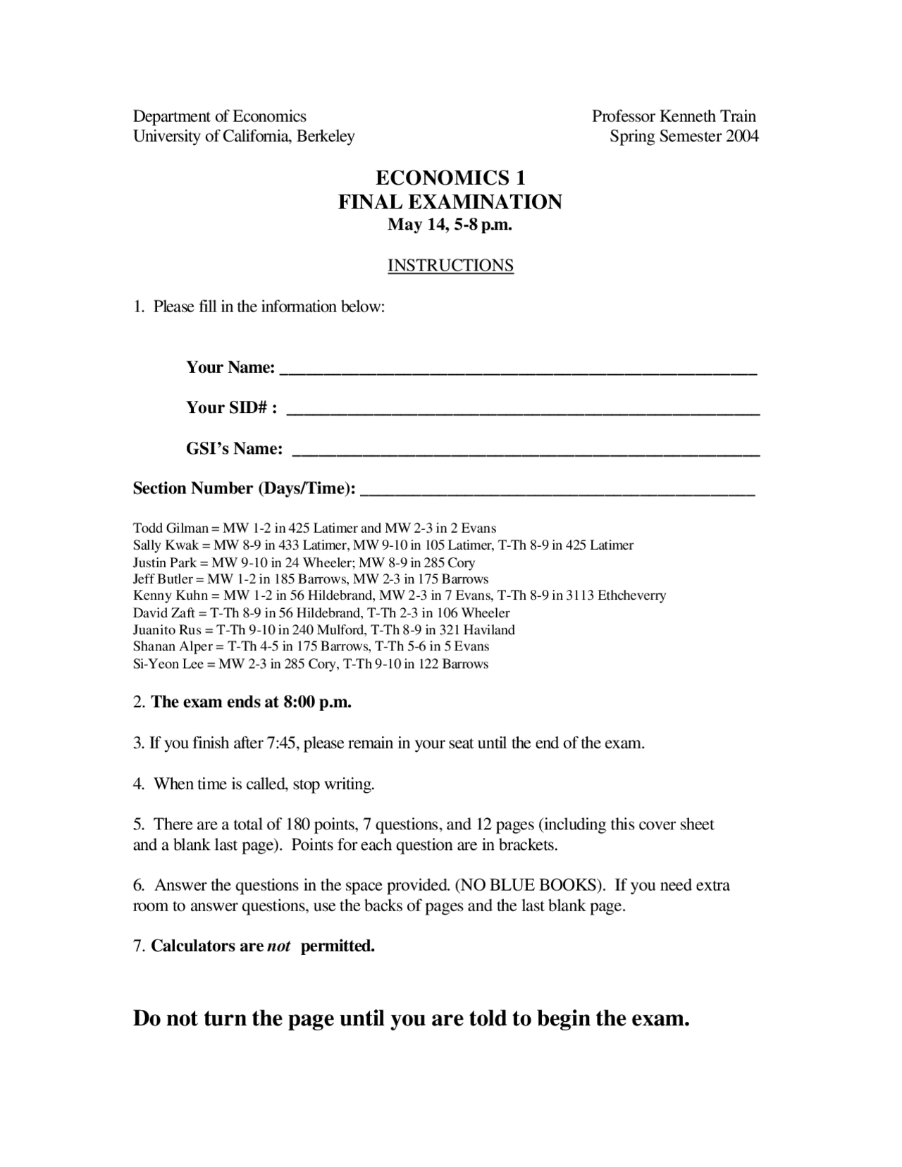 UC Berkeley Economics 1 Final Exam Instructions and Questions - Prof. K ...