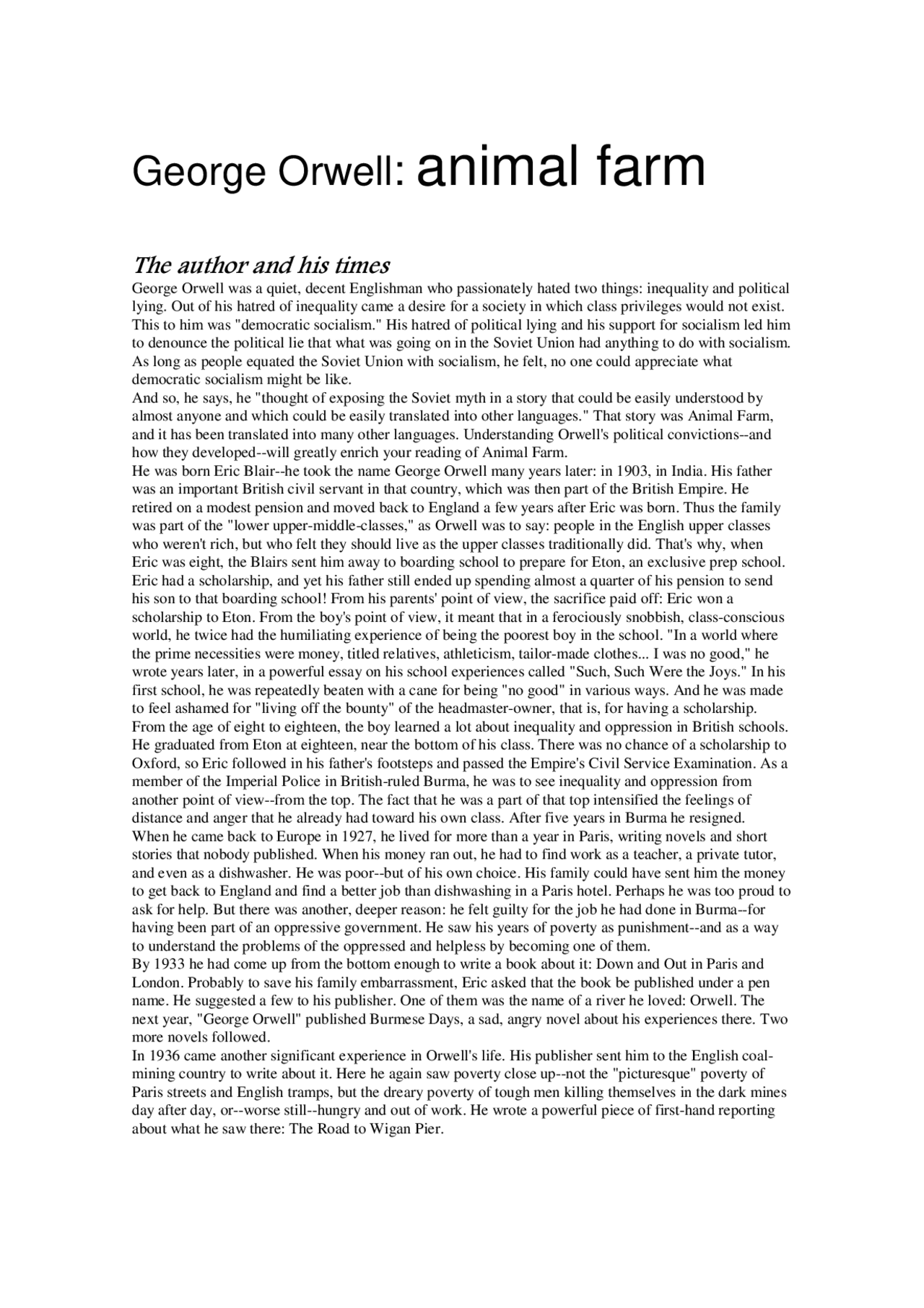 Inglese - George Orwell - Animal farm - Docsity
