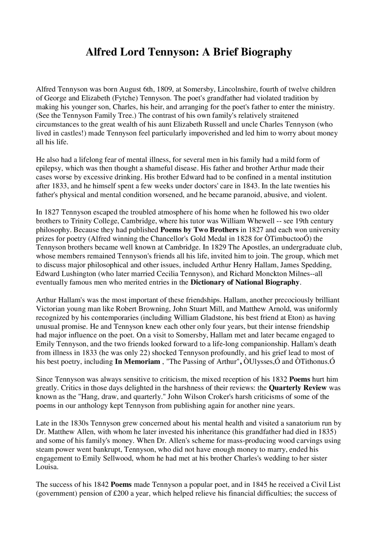 Inglese - Alfred Lord Tennyson: A Brief Biography - Docsity