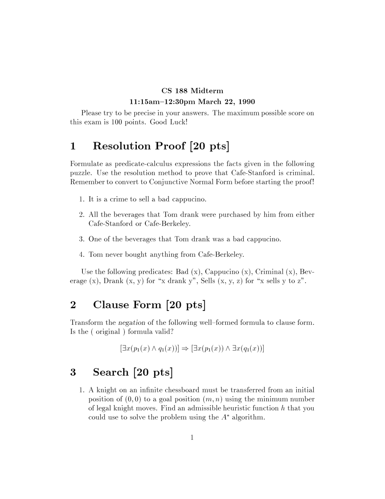 Review Sheet for Midterm Exam - Introduction to Artificial Intelligence | COMPSCI 188 - Docsity